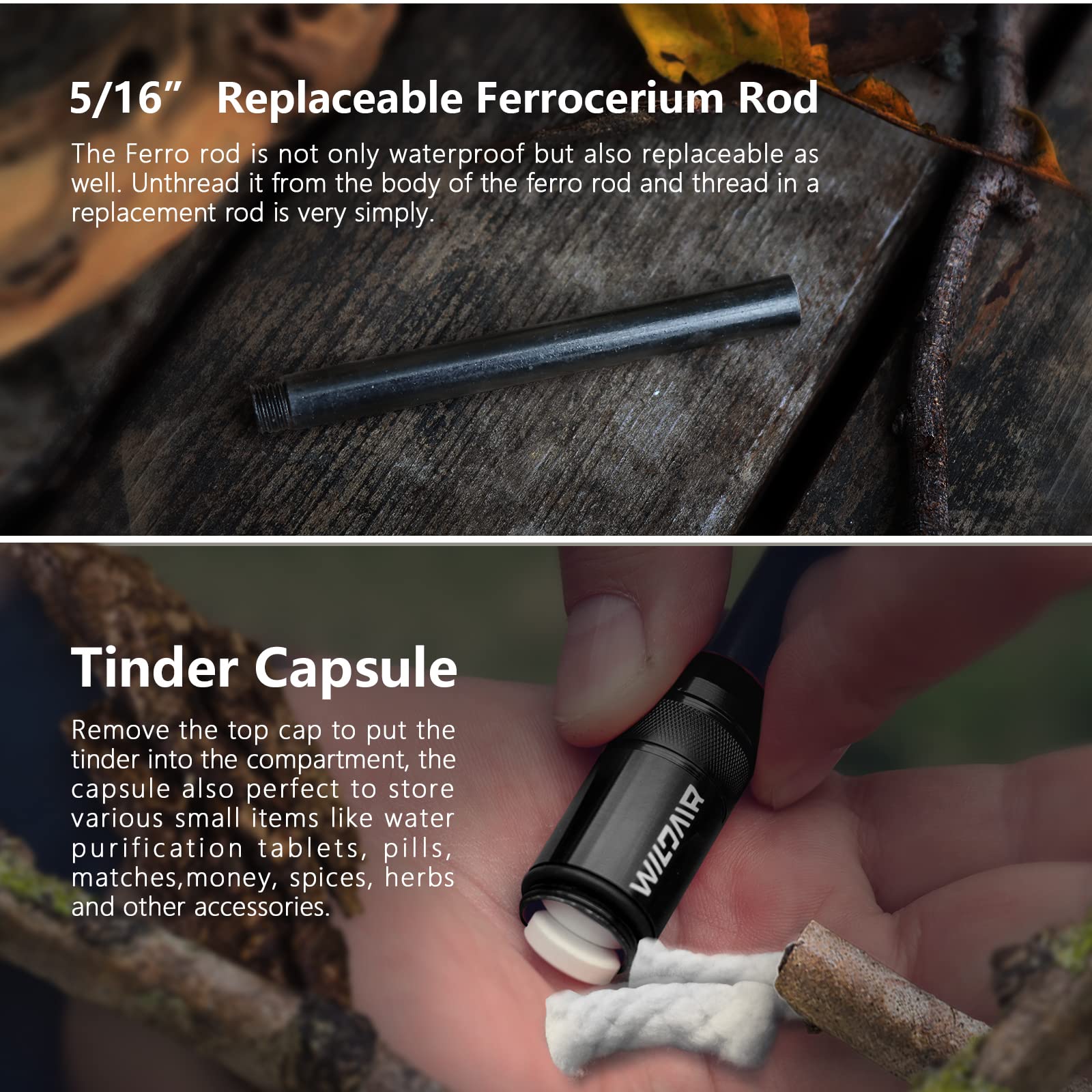 WILDAIR Ferrocerium Ferro Rod Fire Starter with Flint Striker Storage Capsule Fire Paracord Magnesium Bushcraft Flint and Steel Fire Starter Emergency Survival Kits (Orange)