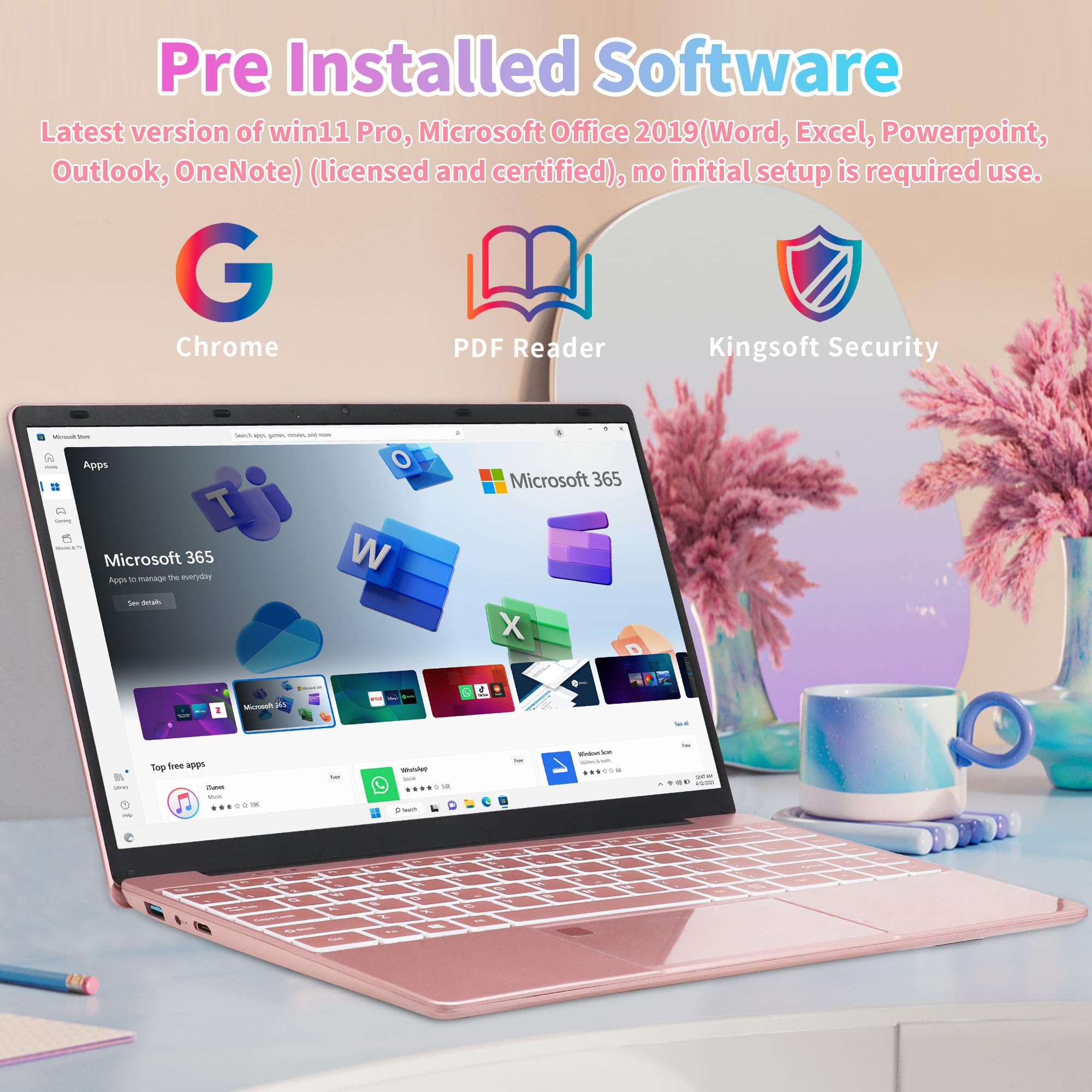 Rumtuk 【Win 11 Pro/Office 2019】4K Laptop 14'' Narrow Bezel UHD (3840x2160) IPS Display,Celeron N5095 CPU,16GB RAM,256GB SSD,Color Backlit KB,Fingerprint Reader,WIFI,Bluetooth,HDMI,Rose Gold(16G+256G)
