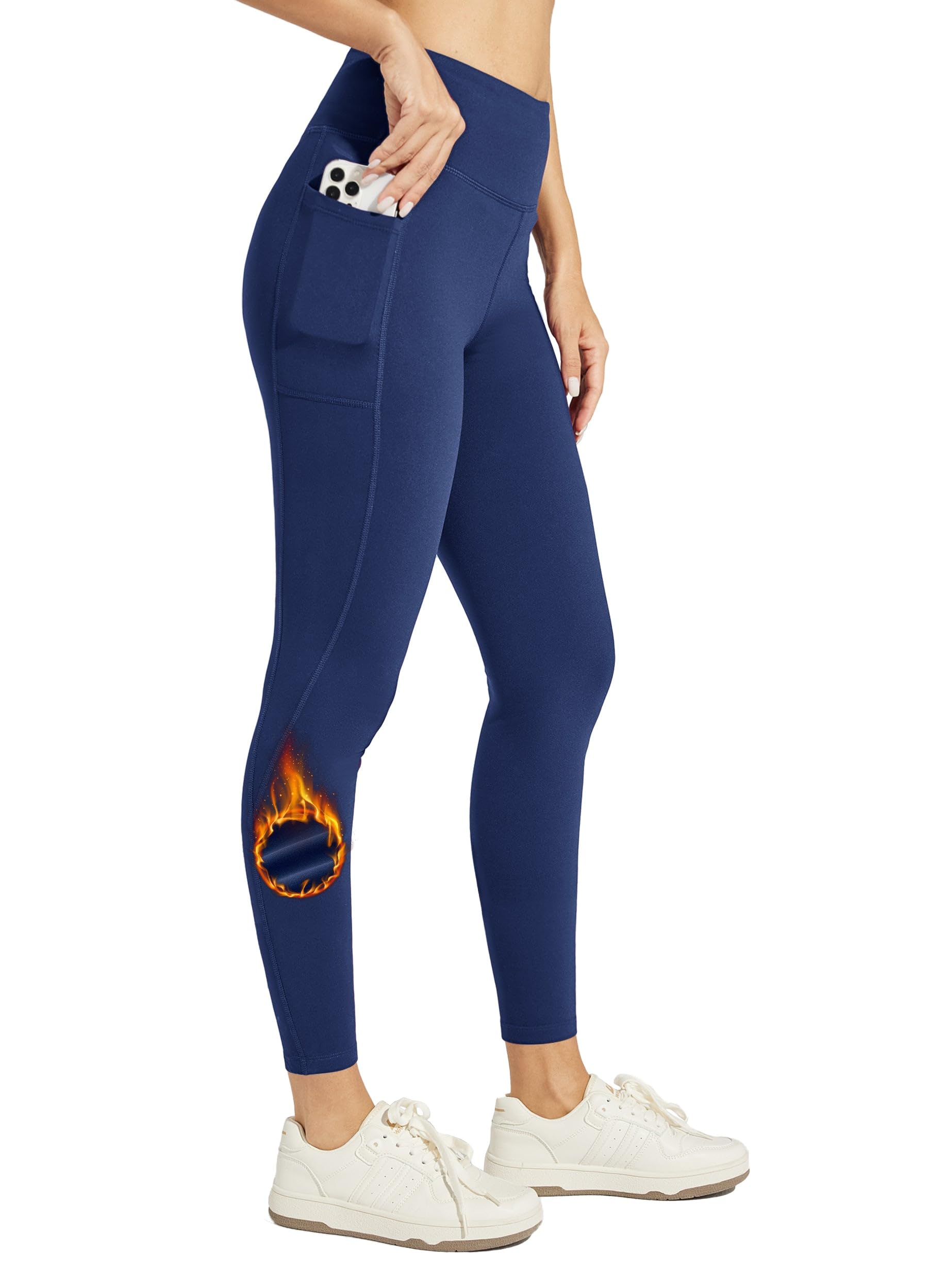Willit Women's Fleece Lined Leggings High Waisted Winter Thermal Yoga Running Pants with Pockets Navy Blue M