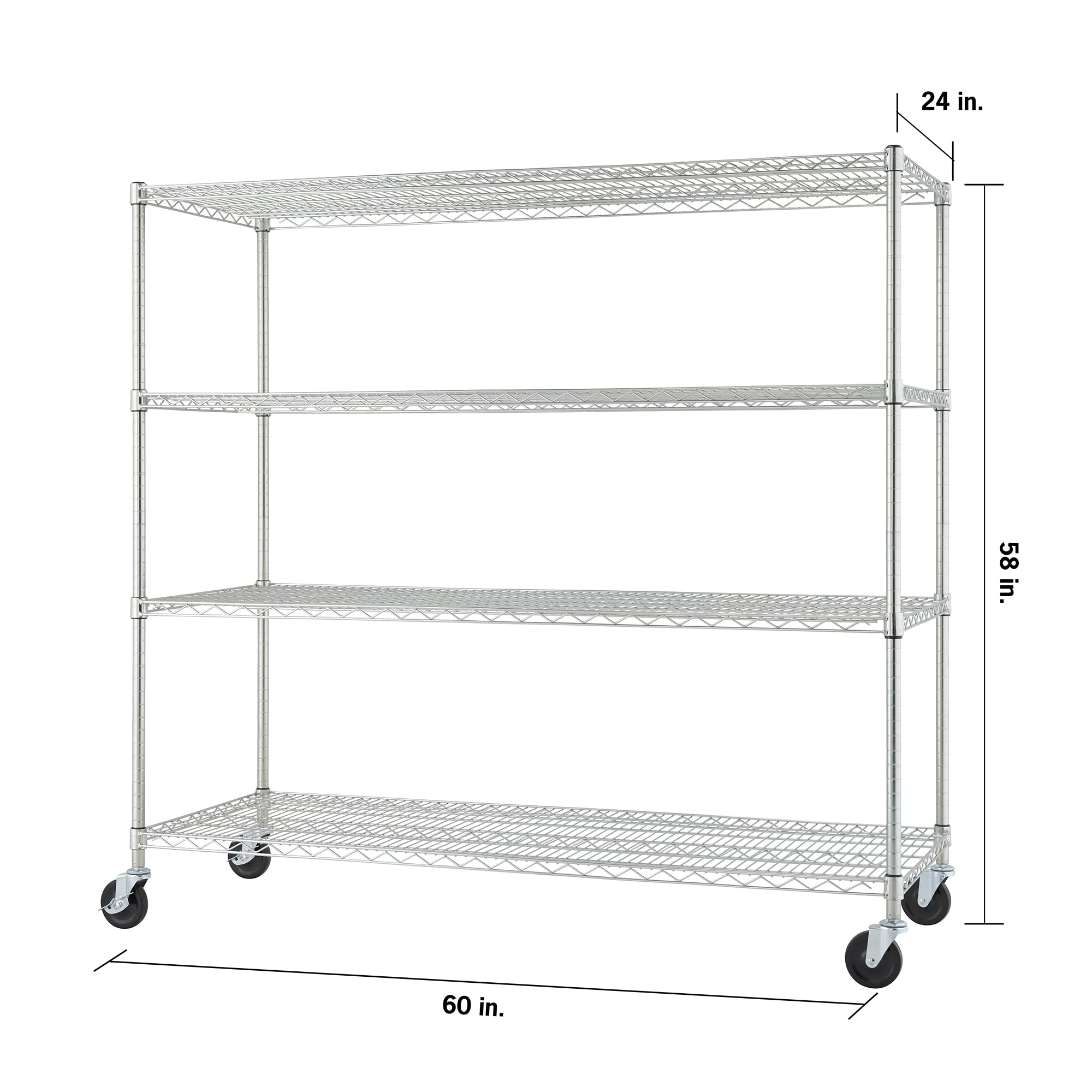 TRINITY Basics 4-Tier Adjustable Wire Shelving with Wheels for Kitchen Organization, Garage Storage, Laundry Room, NSF Certified, 600 to 1800 Pound Capacity, 60” by 24” by 54”, EcoStorage Chrome