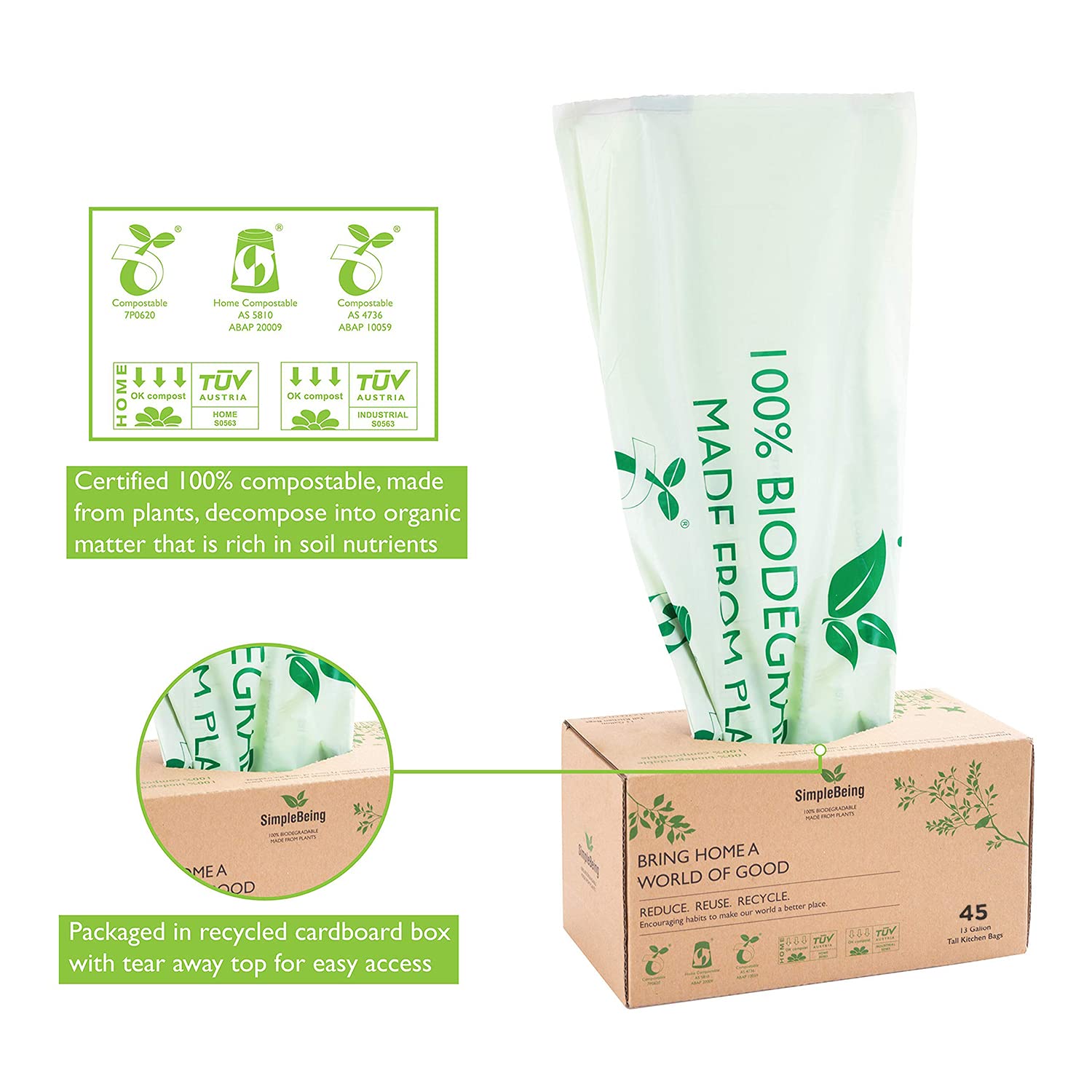 Simple Being Plant Based Compostable Tall Kitchen Bags with Handles, 13 Gallon (45 count), Compostable Trash Garbage Bags, Unscented Leak-Proof, Environmentally Friendly (Drawstring)