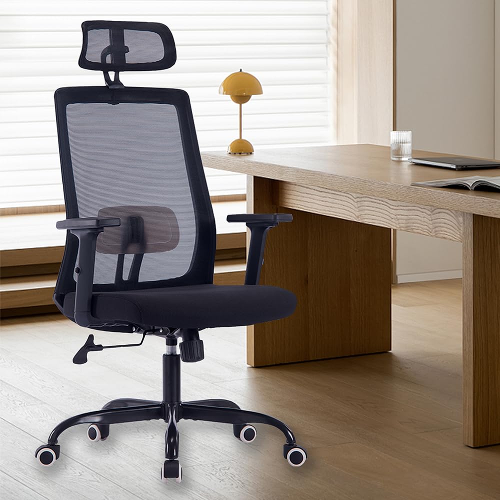 Whiterye Office Chair Lumbar Support Mesh Office Chair Swivel Desk Chair with Adjustable headrest and Armrest Ergonomic High Back Office Chair,Black.