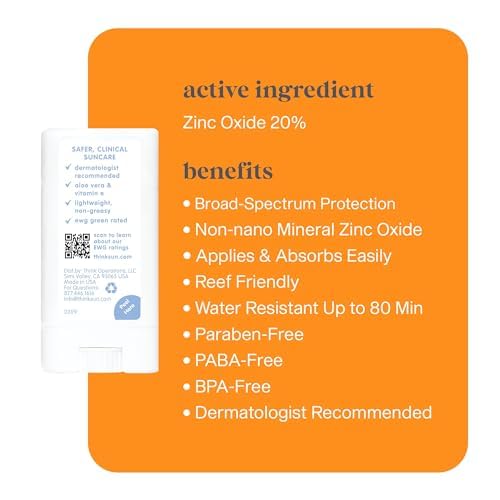 Thinksport SPF 30 Face & Body Mineral Sunscreen Stick β Safe, Natural, Water Resistant Sun Cream β Vegan, Reef Friendly UVA/UVB Sun Protection for Sports & Active Use, 0.64oz