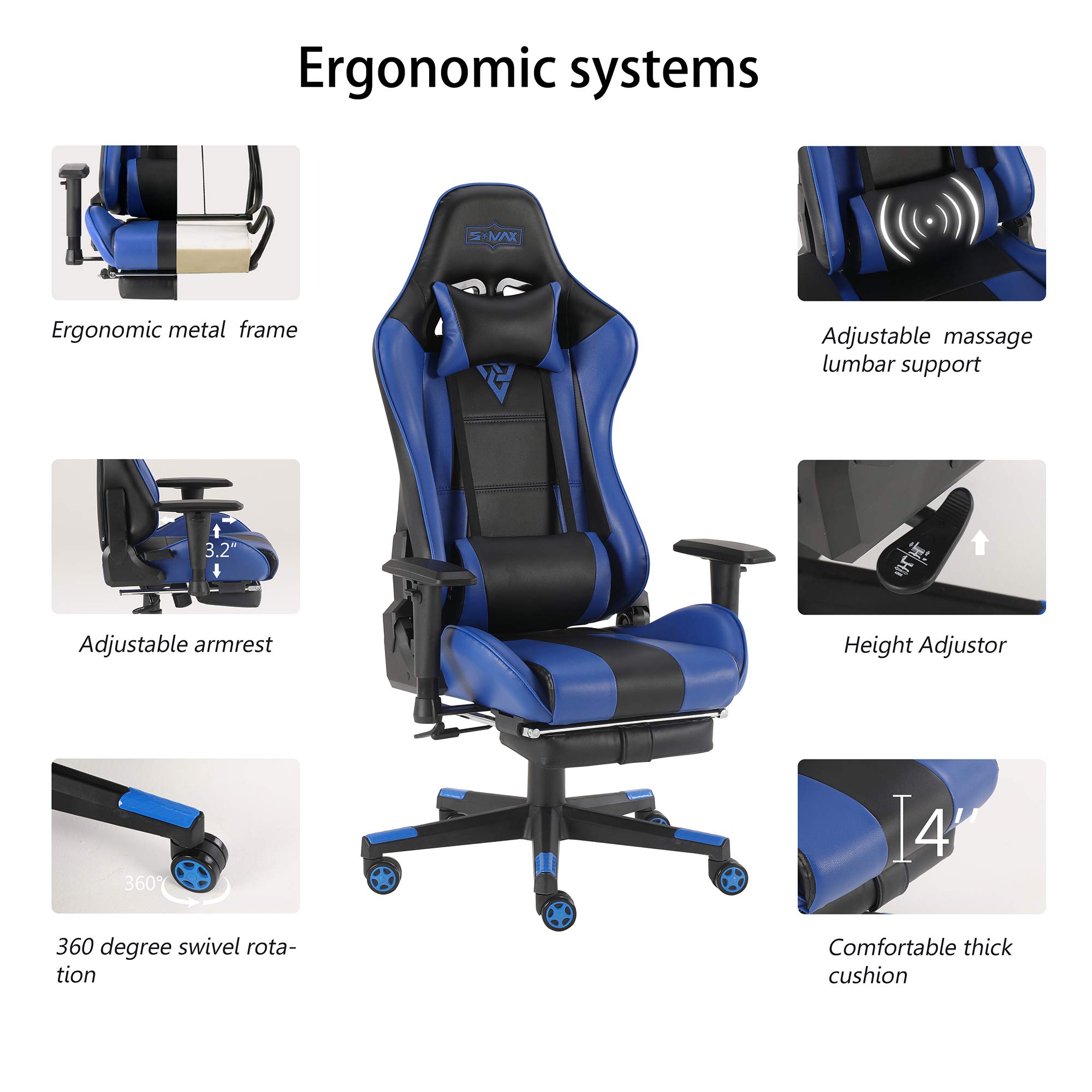 SMAX Gaming Chair with Footrest Racing Office Computer Ergonomic Video Game Chairs PU Leather Headrest and Massager Lumbar Support Adjustable Rolling Swivel Gamer Chair Black and Blue