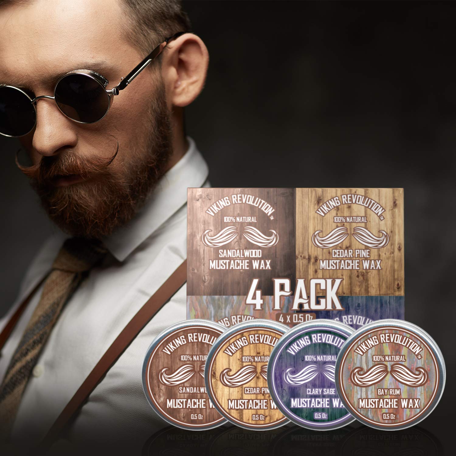 Viking Revolution Mustache Wax 4 Variety Pack - Beard & Moustache Wax for Men - Strong Hold Helps Train Tame & Style- Sandalwood, Clary Sage, Cedar Pine, Bay Rum Styles