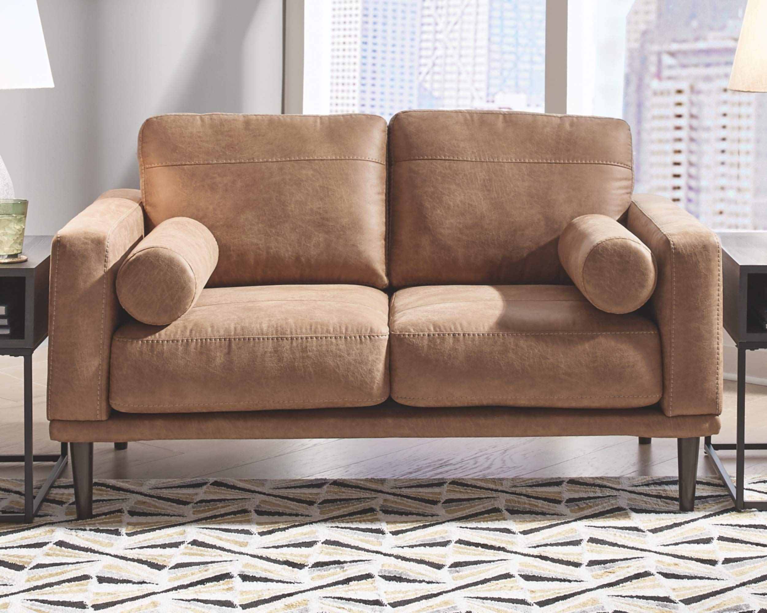 Signature Design by Ashley Arroyo Mid Century Modern Faux Leather Loveseat, Caramel Brown