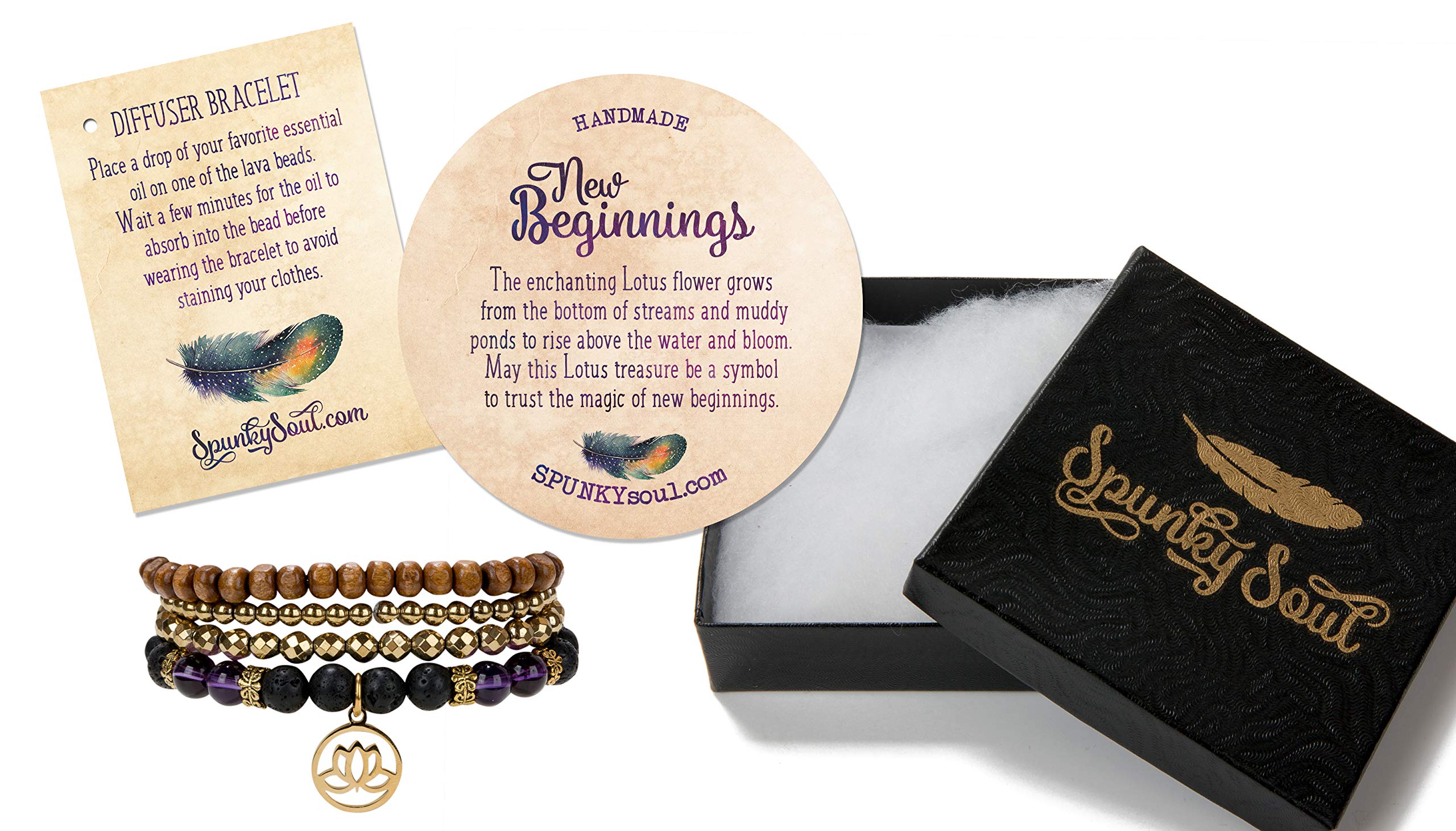 SPUNKYsoul Lotus New Beginnings Bracelet Hematite Amethyst and Lava for healing Stack Bracelet Set Collection