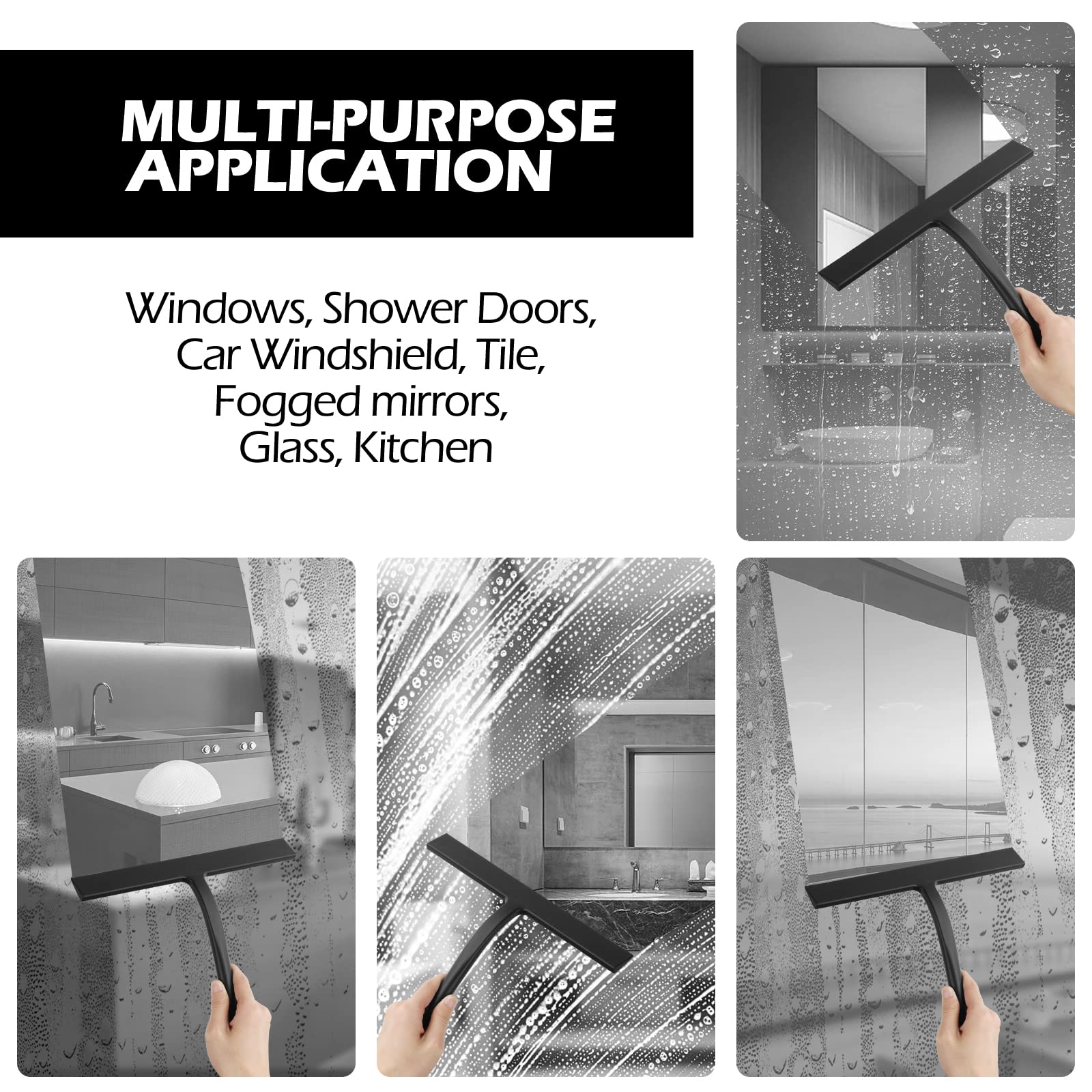 Quniof Squeegee for Shower Glass Door 11" Multi-Purpose Silicone Squeegee for Bathroom, Mirror, Shower Door, Window, Glass, Car and Tile (Black)