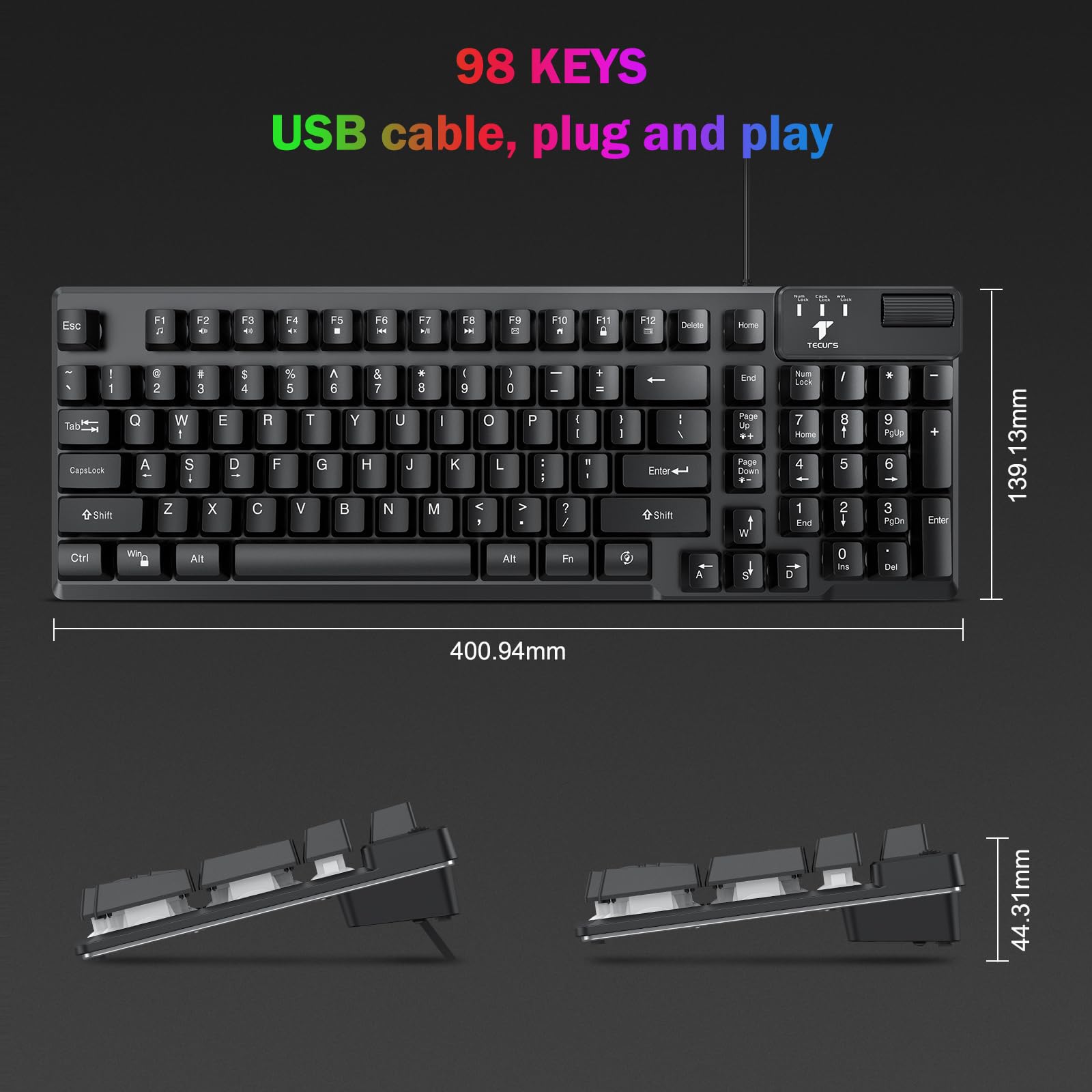 TECURS Gaming Keyboard-Wired USB Keyboard with LED Backlit, Silent Spill-Resistant Membrane Keyboard,Anti-Ghosting Keys,Durable for Computer/Windows/Xbox/PS4 (Black)