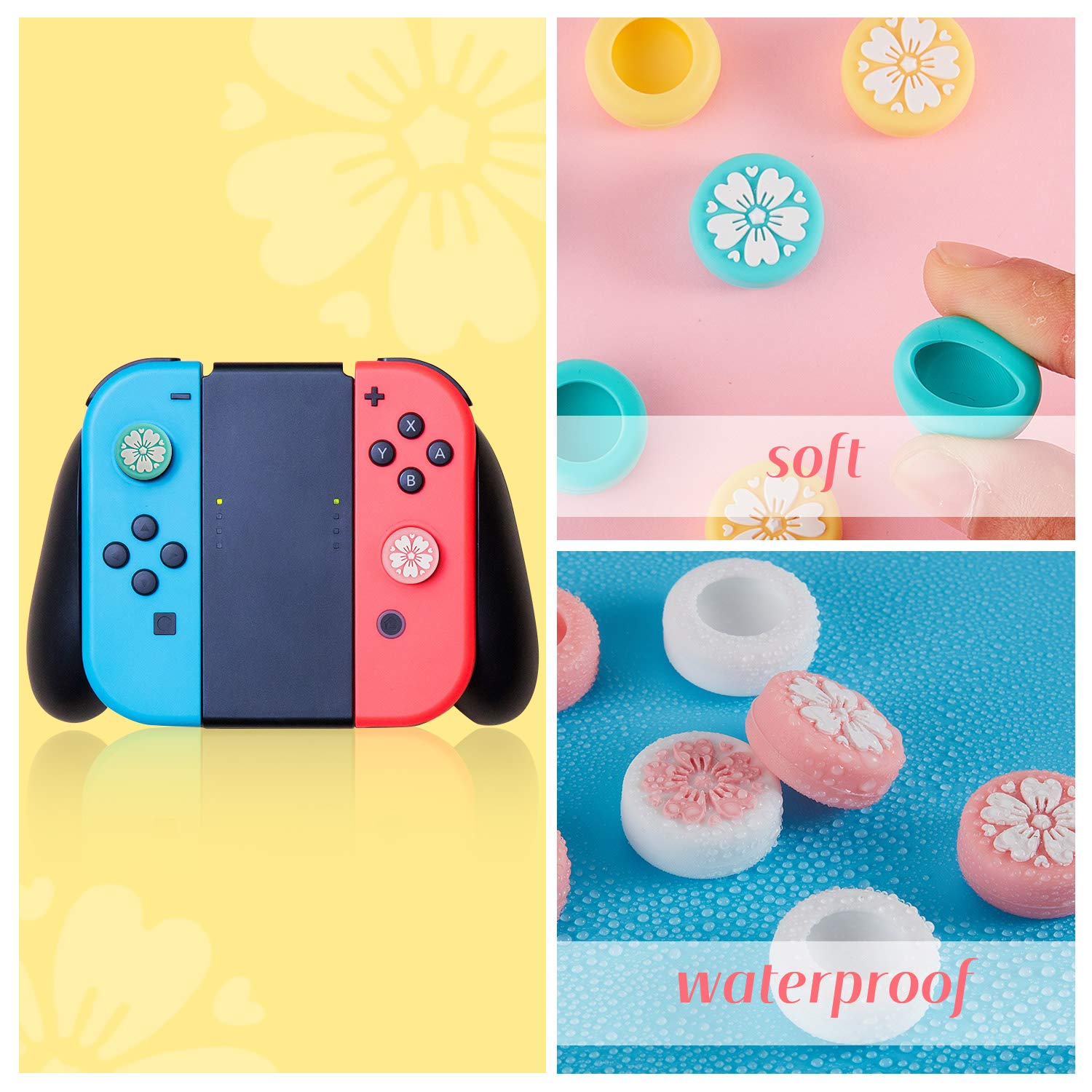 Sunmind 16 Pieces Sakura Flower Thumb Grip Cover, Thumb Grip Thumb Stick Grips Silicone Cover Compatible with Nintendo Switch and Lite, Joy-Con Controller (Pink White Turquoise Yellow)