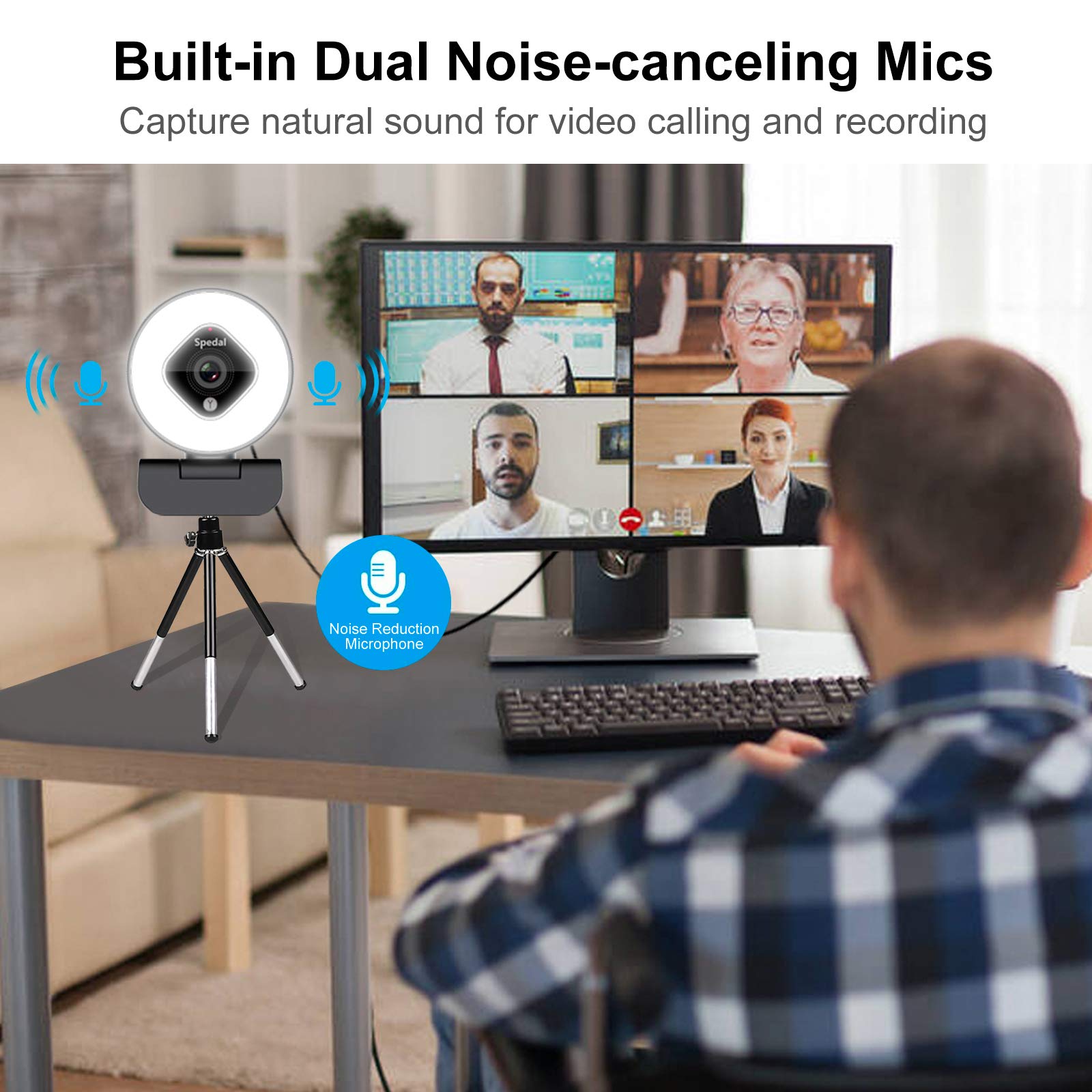 Spedal 1080P Webcam, Webcam with Microphone and Ring Light, HD Web Cam for Desktop PC Laptop, Web Camera with Tripod, Autofocus Streaming Camera for Gaming Online Learning Google Meet