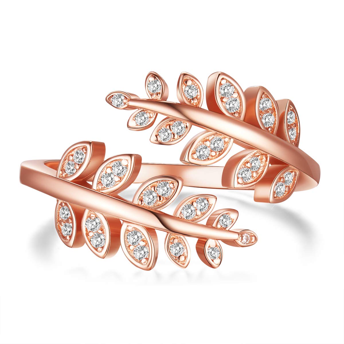 TINYSAND Women's 925 Sterling Silver with 18K Rose Gold Plated Wrap Around Olive Leaf Branch Ring, Paved Cubic Zirconia Stone Adjustable Stackable Open Ring