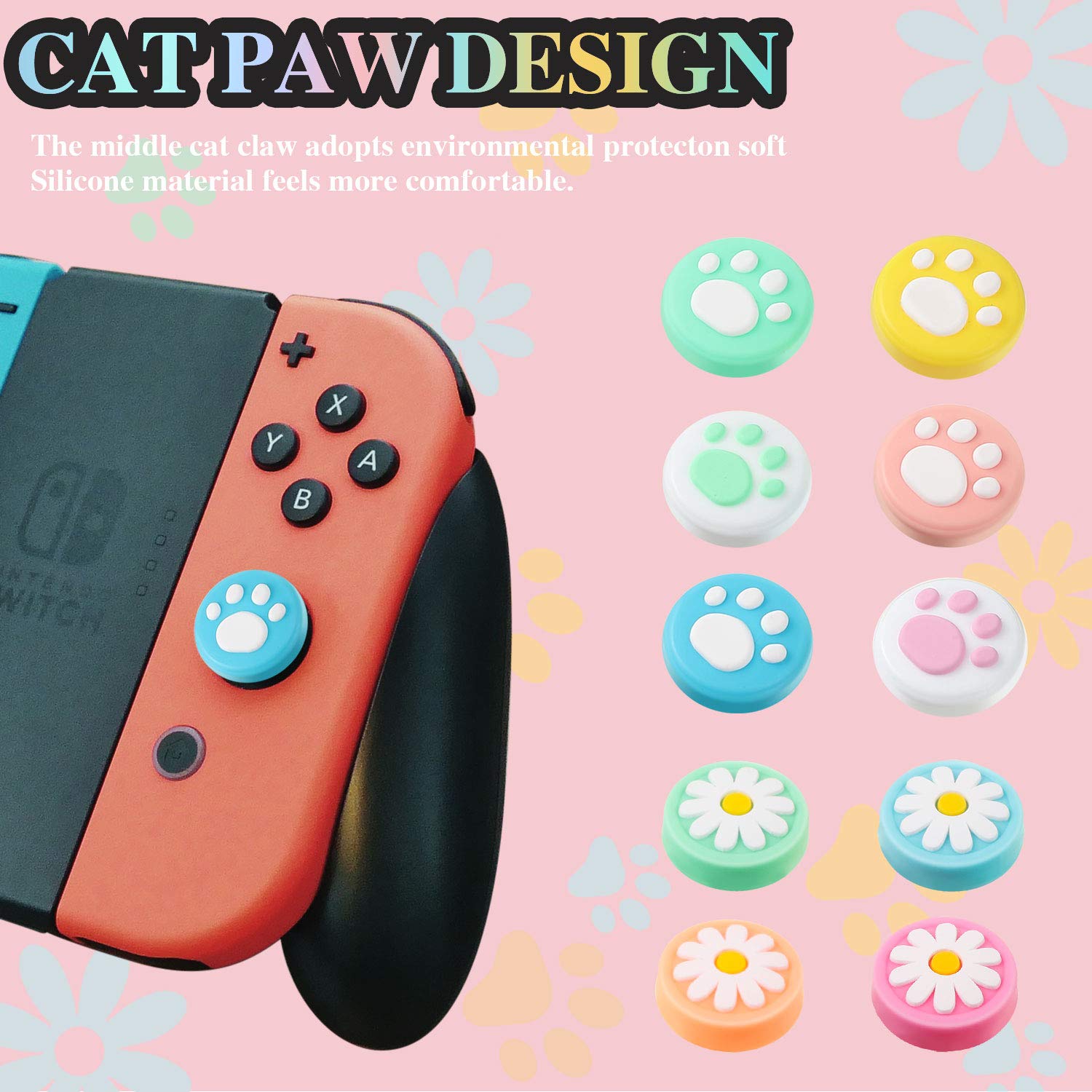 Sunmind 24 Replacement Cute Cat Paw and Flower Design Thumb Grip Caps Thumb Grips Analog Stick Cover Joystick Cap Cover Compatible with Nintendo Switch, Switch Lite and Joy-Con Controller