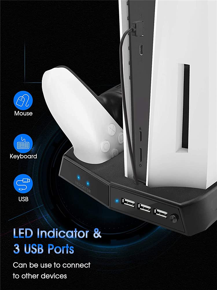 Vertical Stand with Cooling Fan for Playstation 5 Digital Edition/PS5 Ultra HD, 2 Dock Controller Charging Station for PS5 DualSense Controller, 3 USB Ports, Cooling System for PS5