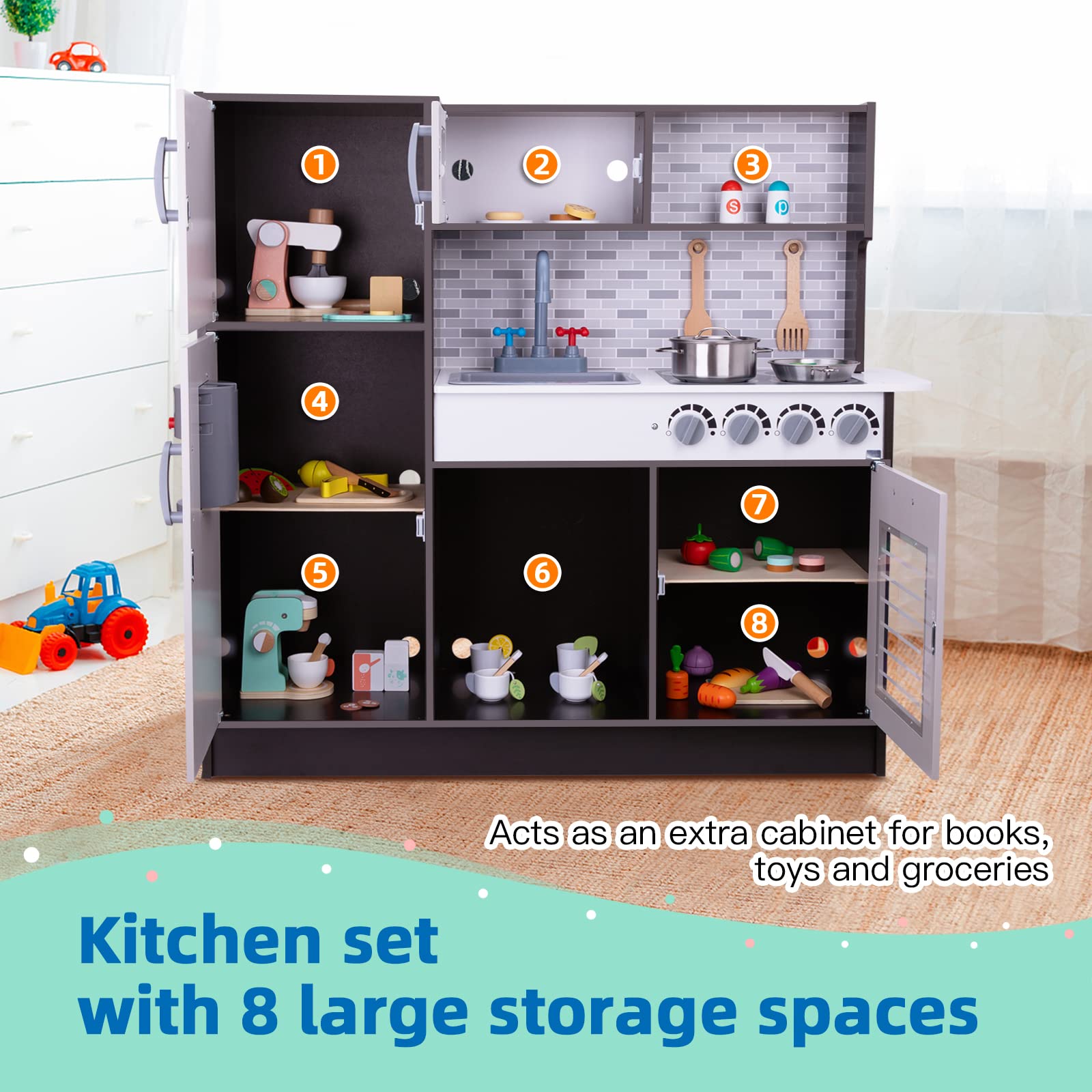 TOOKYLAND Kids Kitchen Playset, Wooden Chef Play Kitchen for Toddler with sink,oven,range Hood,stove,ice maker and microwave, Prefect Kitchen Toys for Toddlers as Gift