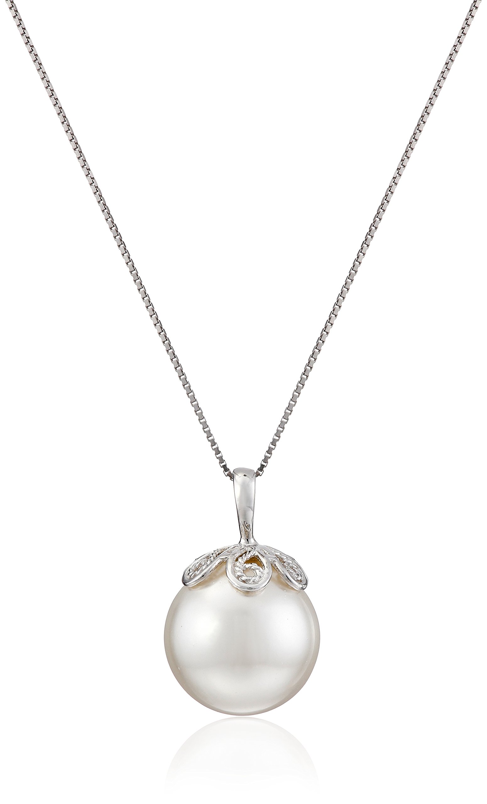 Sterling Silver and White Simulated Simulated Shell Pearl Pendant Necklace (13 mm)