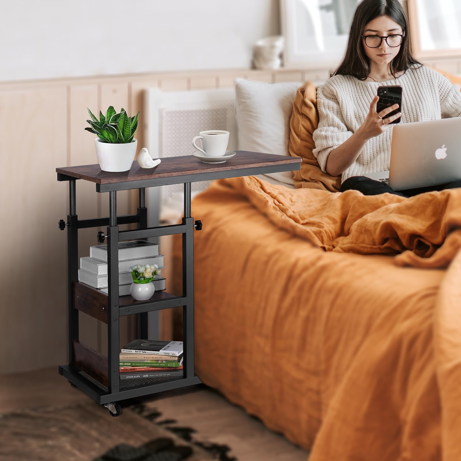 RUNTOP Height Adjustable Side Table, C Table with Wheels, Mobile Couch Snack Side Table, Sofa Bedside Laptop Stand C Shaped End Table TV Tray with Storage Shelves for Bed, Living Room, Bedroom, Brown