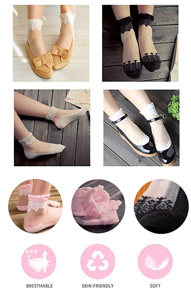 Women 6 Pairs Sheer Elastic Socks Soft Summer Transparent Lace Crystal Silky Hosiery Stockings (6pairs)