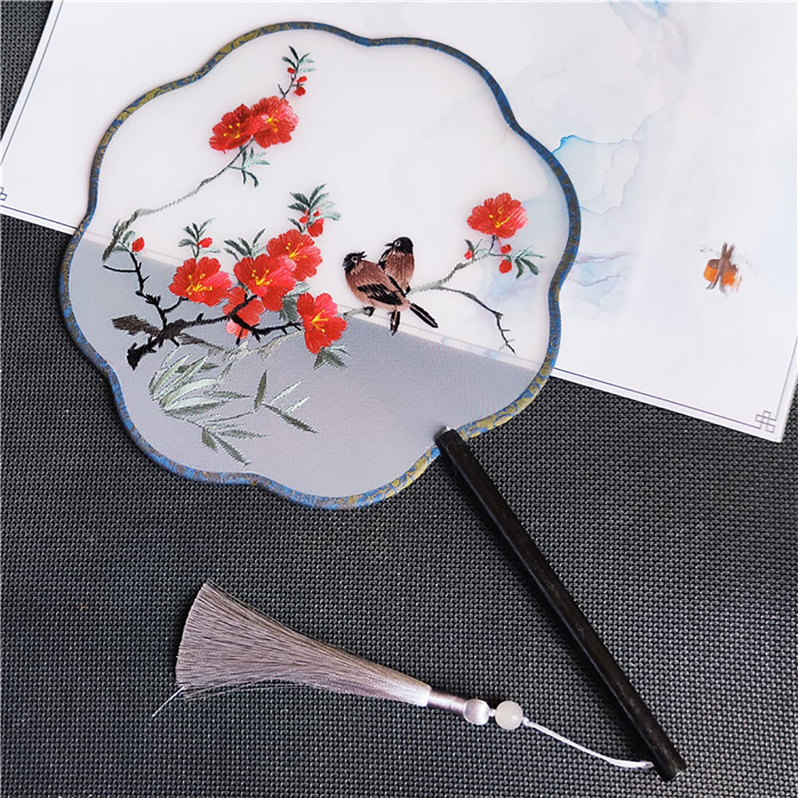 YUELAI Translucent Silk Embroidered Hand Held Fan, Chinese Round Fan, Ancient Hand Fan,Traditional Palace Paddle Dance Fan, Vintage Double-Sided Embroidery Fan
