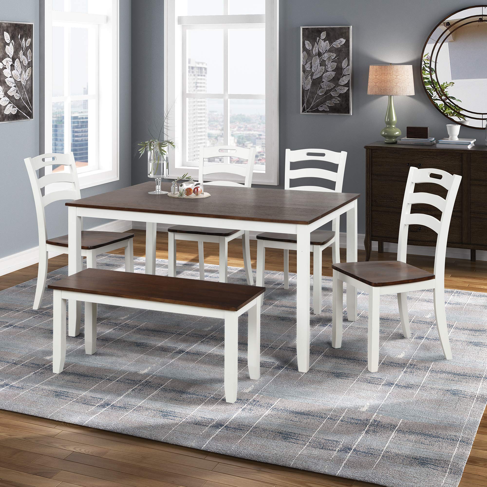 RUNWON Piece Family Rectangular Dining Table Set for 6,Farmhouse Rustic with 4 Chairs and 1 Bench Ideal for Kitchen, OneSize, Ivory