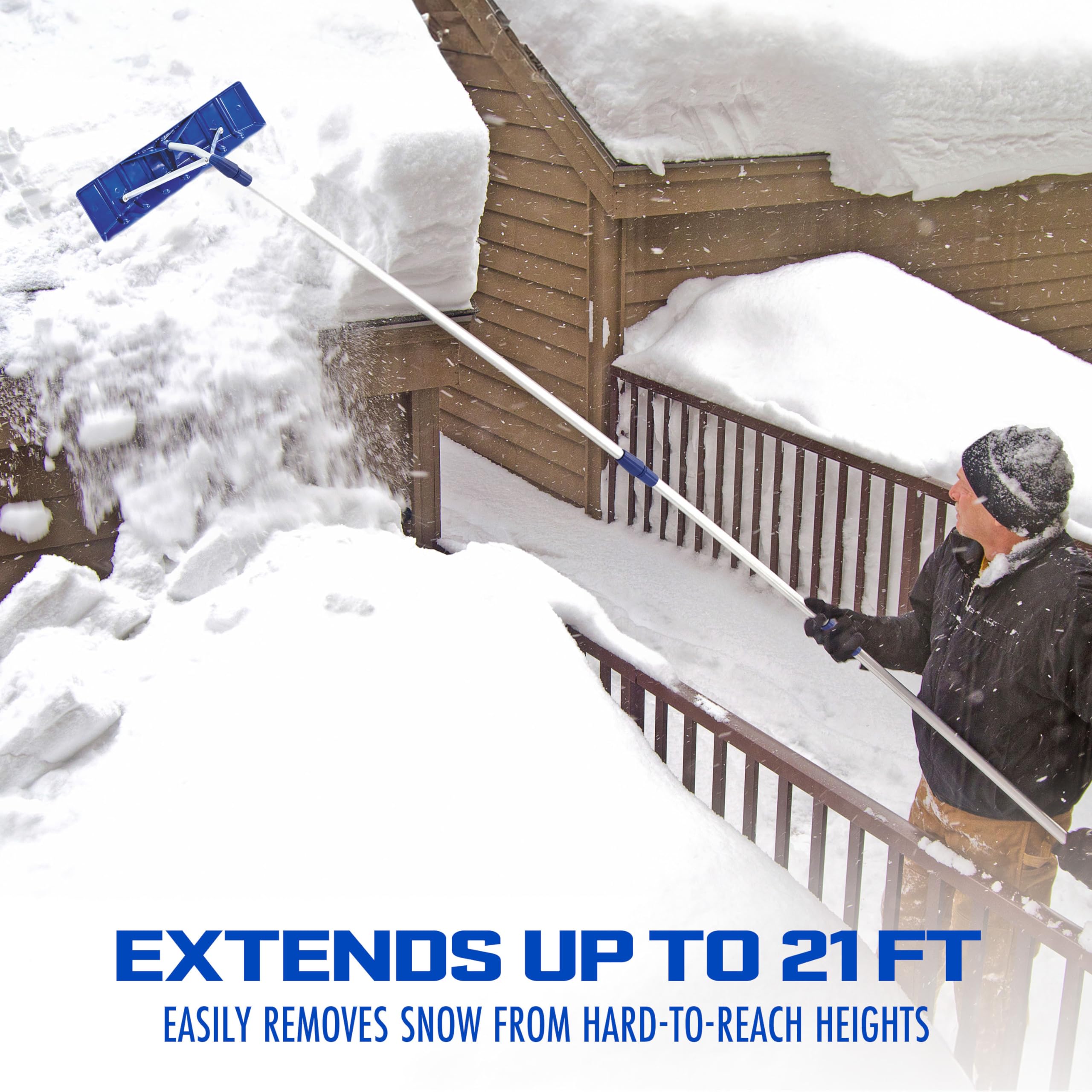 Snow Joe RJ204M 21' Twist-n-Lock Telescoping Snow Shovel Roof Rake with 6" by 25" Poly Blade, 25 inches, Blue