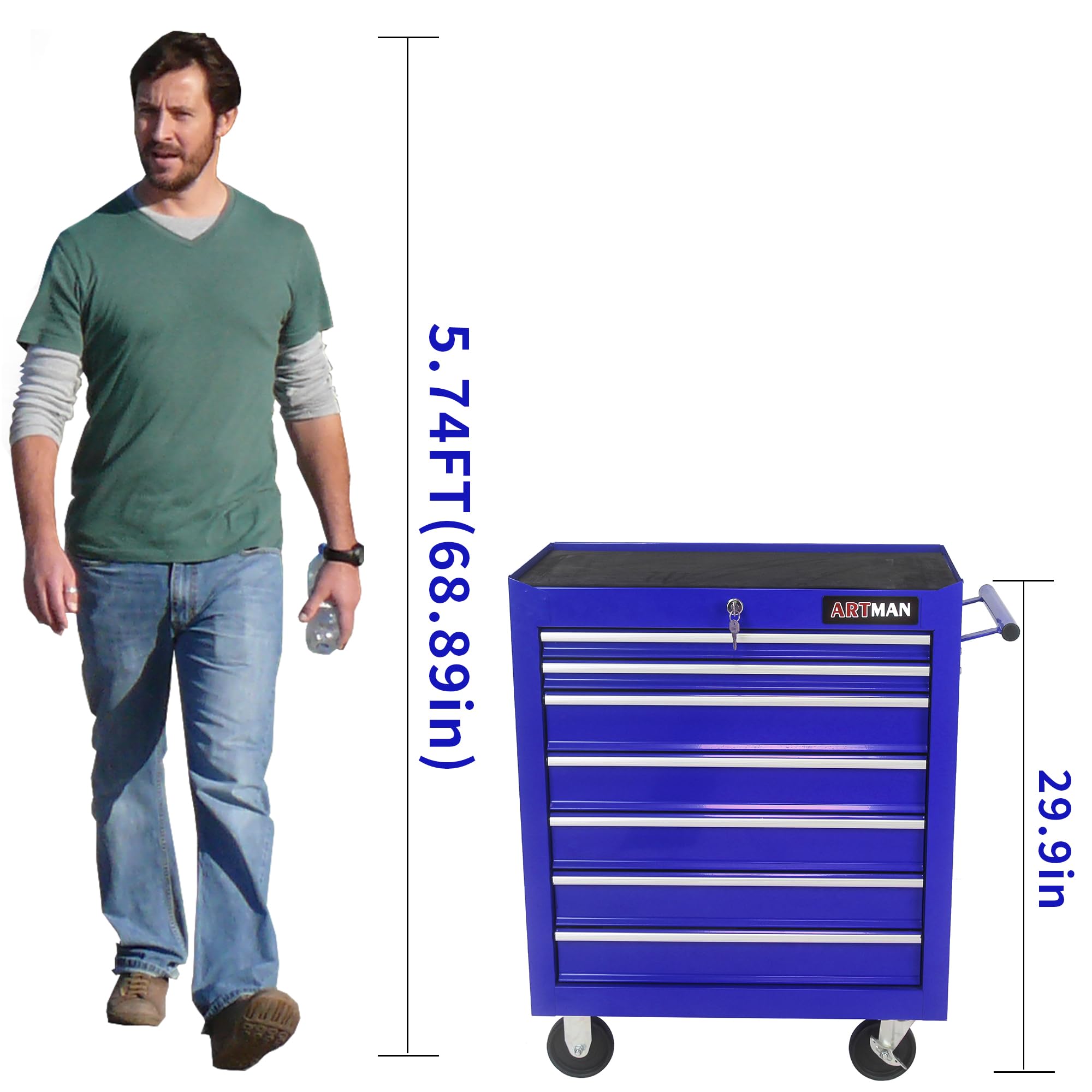 Tool Cart on Wheels 24.2in,7 Drawers Rolling Tool Box,Locked Drawers Storage Organizer Cabinet for Garage, Warehouse, Repair Shop, Workshop