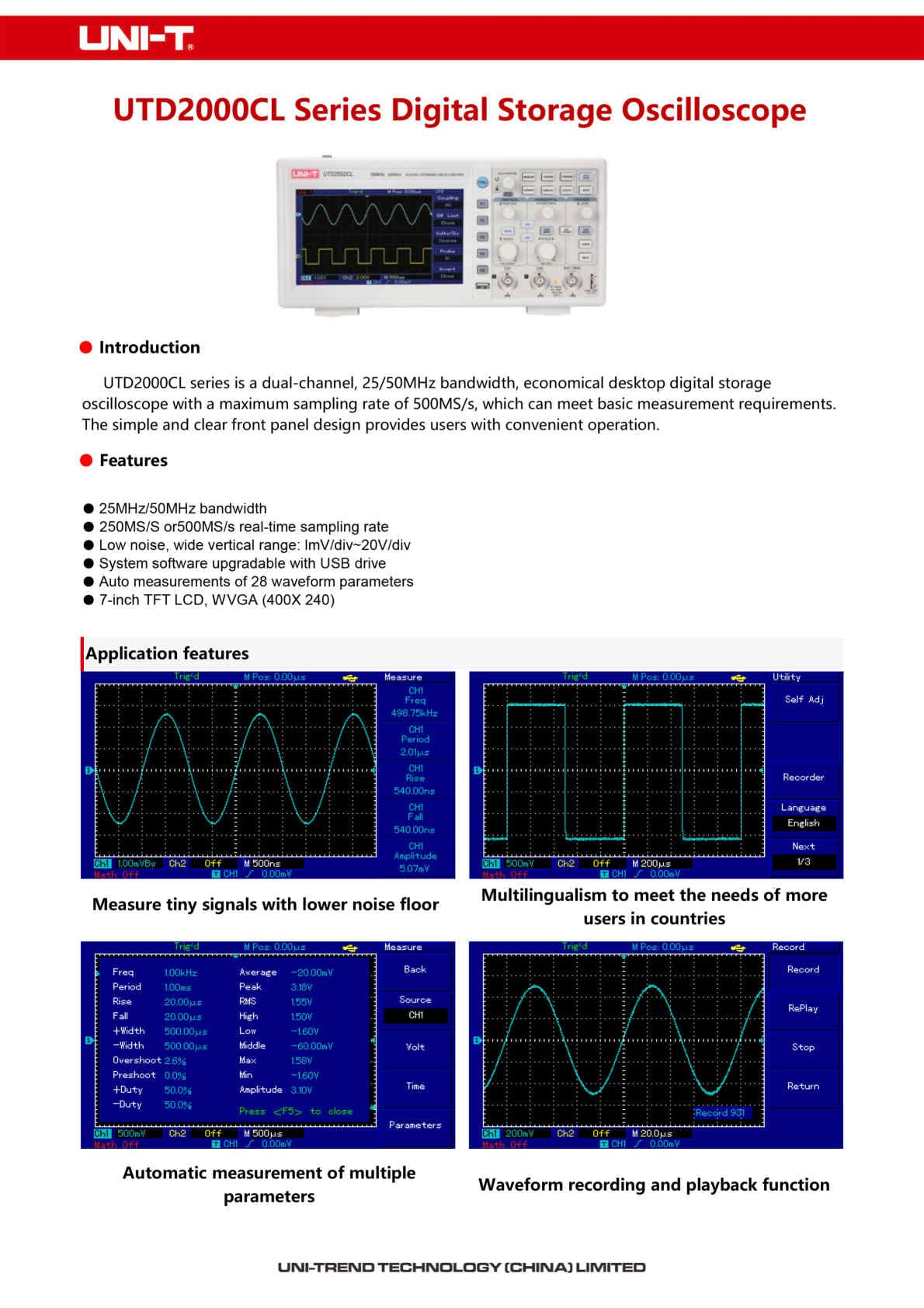 UNI-T UTD2000CL Series UTD2052CL/UTD2025CL Economical Digital Oscilloscope 2CH UTD2052CL (UTD2025CL 25MHz)