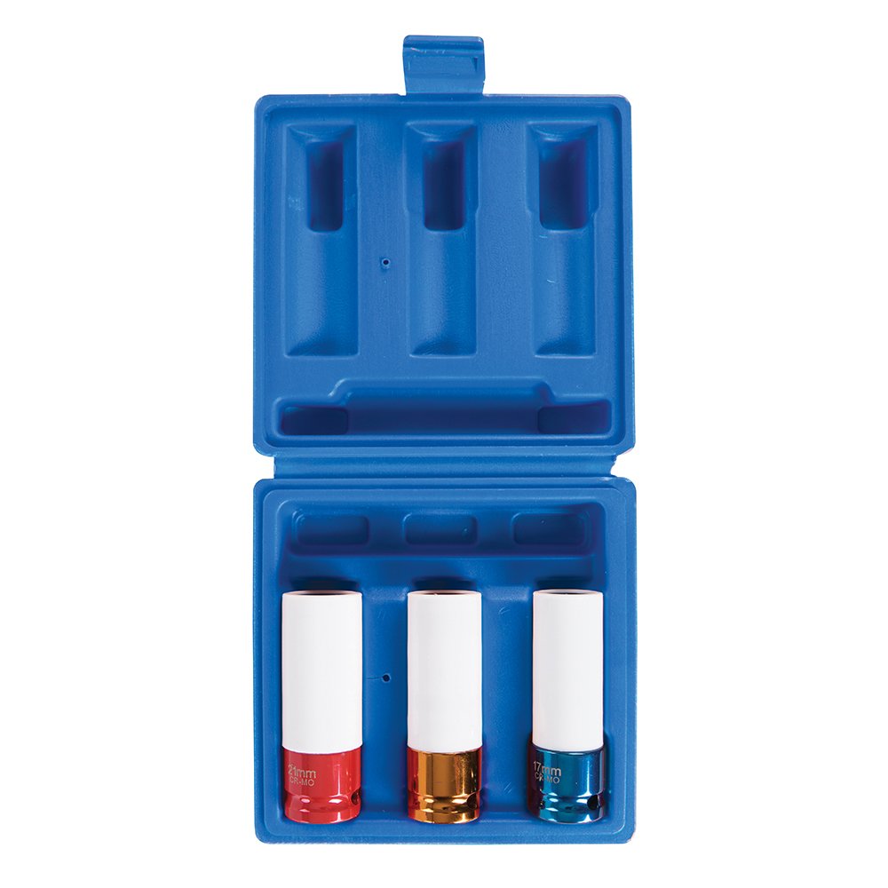 Silverline Tools Silverline 990253 Impact Alloy Wheel Nut Socket Set 3pce 1/2" / 17, 19 & 21mm, Multicoloured