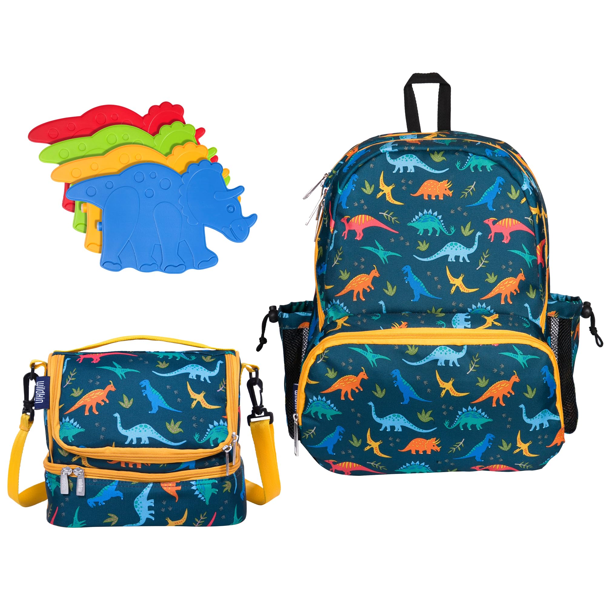 Wildkin Kids Two Compartment Lunch Bag, 17-Inch Backpack, and Ice Pack Bundle for Organized, Fresh and Fulfilling Dishes All Around (Jurassic Dinosaurs)