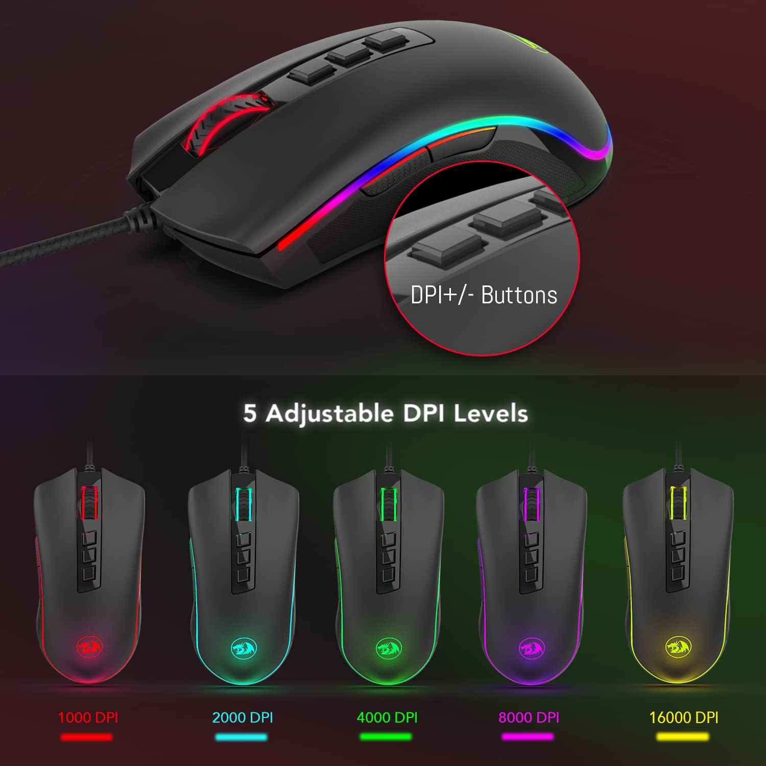 Redragon M711-FPS Cobra FPS Optical Switch (LK) Gaming Mouse, Wired RGB Gamer Mouse w/ 50 Million Click Lifespan, Onboard 16,000 DPI (32,000 via Software) and 7 Programmable Macro Buttons