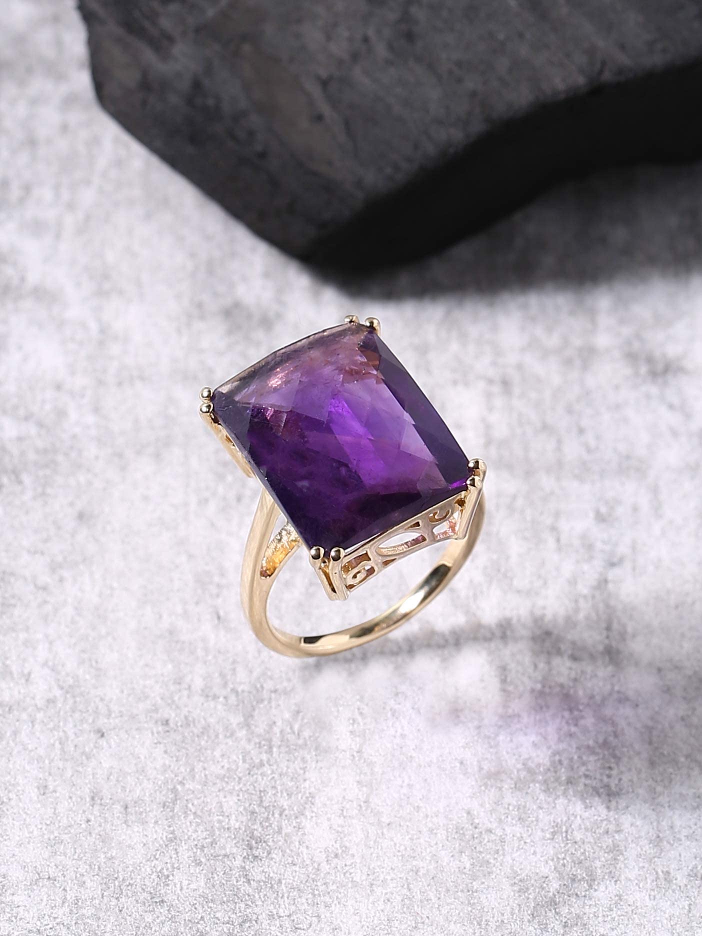 YoTreasure Natural Amethyst Statement Ring Gold Plated Over 925 Silver Gemstone Jewelry