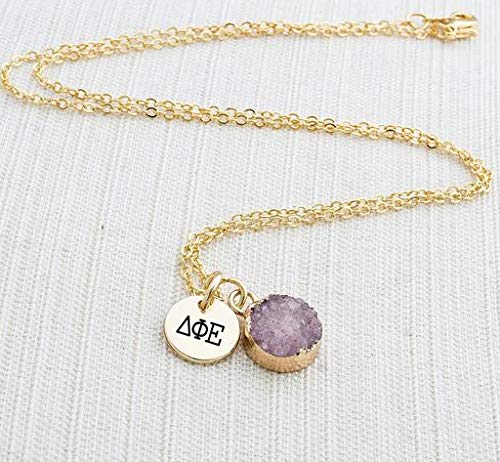 Sorority Shop DPE Necklace - Delta Phi Epsilon Purple Druzy Gemstone Necklace With Engraved Pendant β 14K Gold Dipped Jewelry with Purple Gemstone β Sorority Gift, Charm Paraphernalia