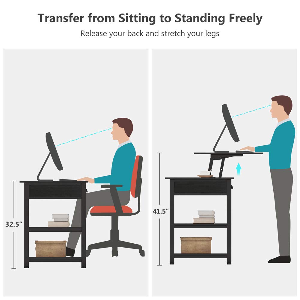 Tribesigns Modern Lift Top Computer Desk with Drawers, 47 inch Writing Desk Study Table Workstation with Storage Shelves, Height Adjustable Standing Desk for Home Office, Small Spaces(Black)