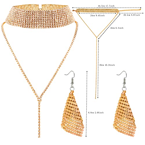 Yewong 5 Pieces 70s Retro Disco Accessories Set Oversize Square Sparkling Sunglasses Rhinestone Choker Bling Headband Cuff Bangle Bracelet Drop Dangle Earrings (Gold Set)