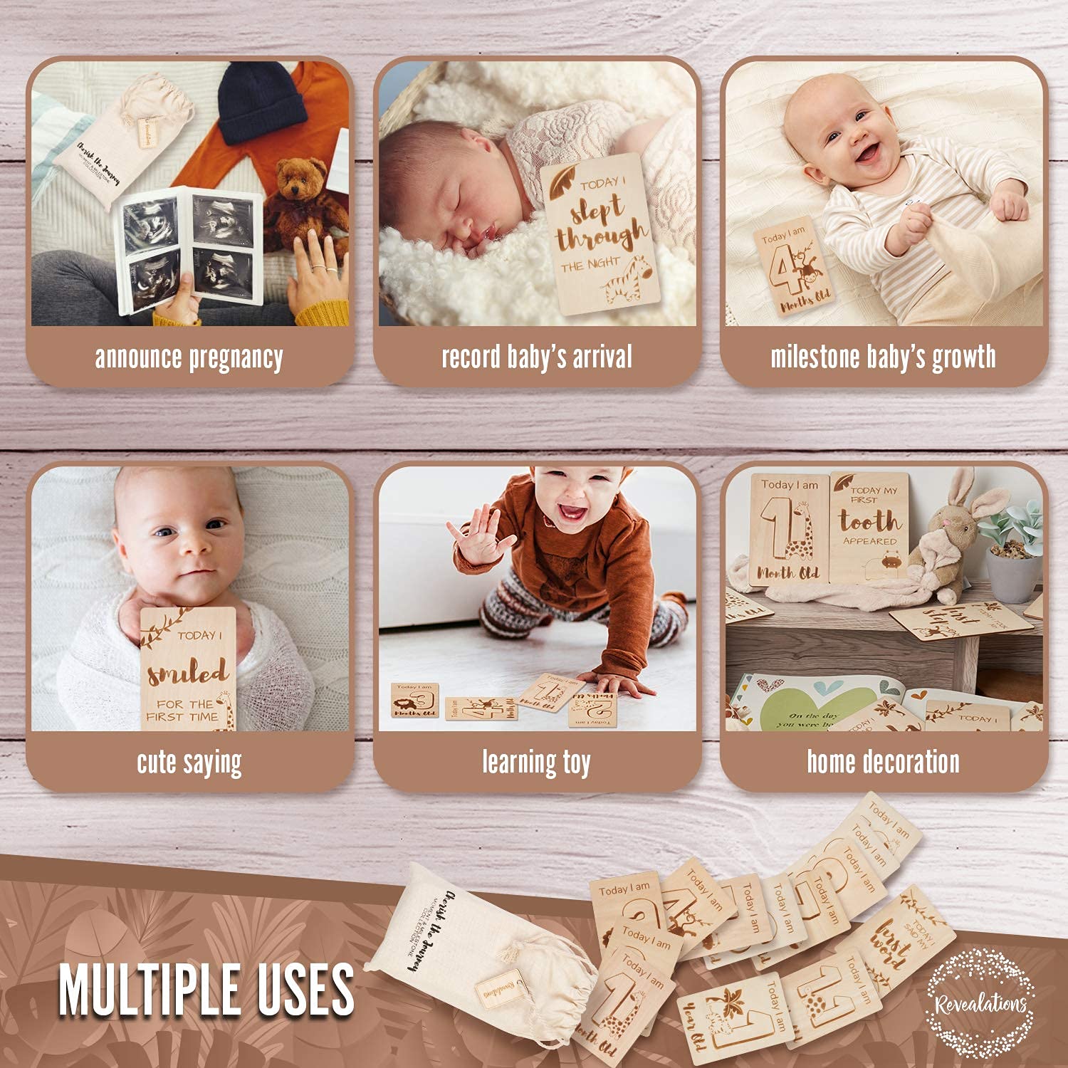 Wooden Monthly Milestone Cards - 24 Double Sided Cute Jungle Designs Organic Drawstring Bag Perfect Unisex Gender Neutral Gift