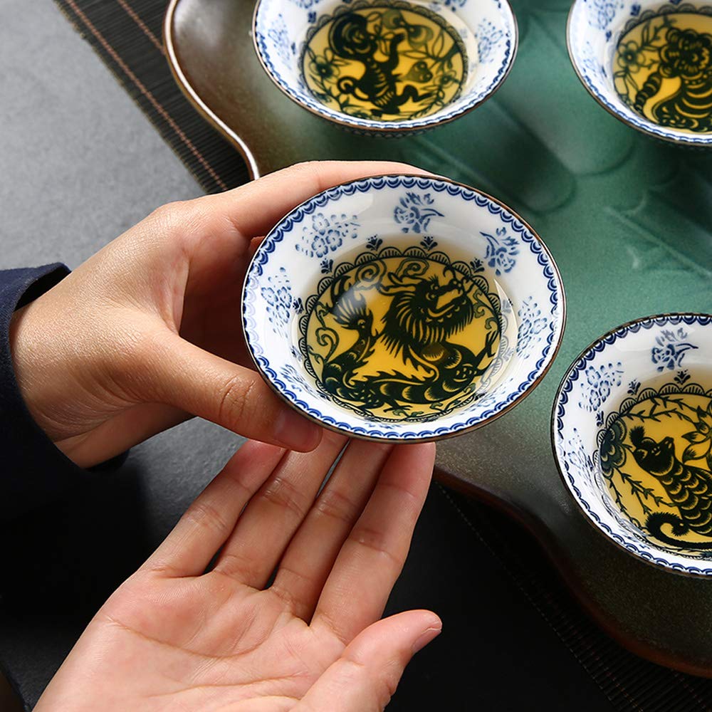 Woonsoon Set of 12 Chinese Zodiac Signs Handmade Kungfu Tea Cup 2.8 oz/80 ml,Bone China Blue and White Tea Cups,Ceramic Tea Mugs Without Handles