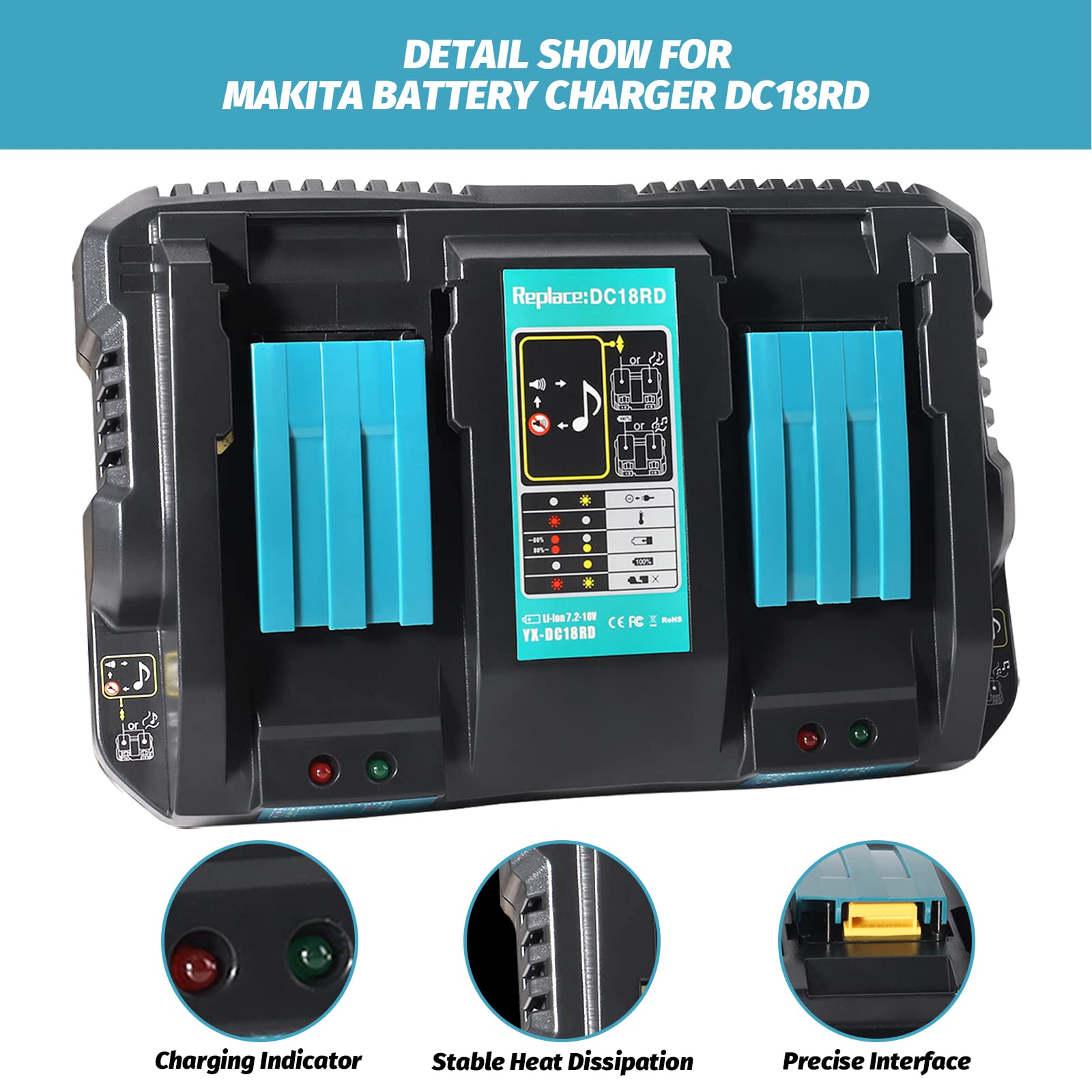 YEX-BUR DC18RD 18V Battery Charger Power Tools 6A Fast Dual Ports Charger for MT 14.4V 18V Lithium ion Battery BL1830B BL1850B BL1860B BL1430 BL1440B BL1450