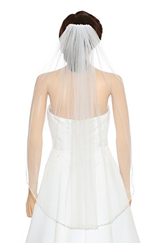 SAMKY 1T 1 Tier Crystals Pearls Beaded Wedding Veil (Fingertip Length 36" Light Ivory)