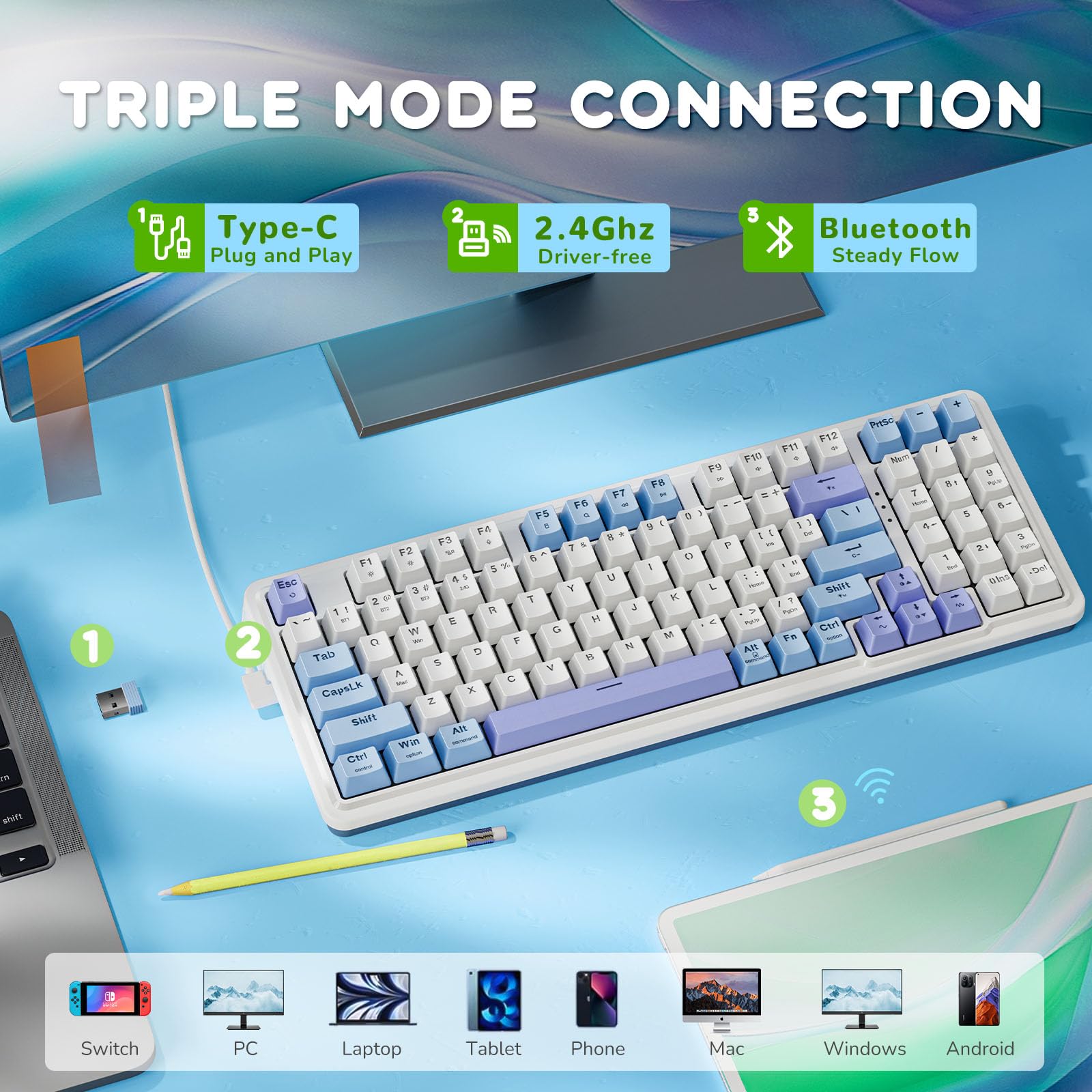 Redragon Wireless Mechanical Keyboard,Bluetooth 5.0/2.4GHz/USB-C Hot Swappable Custom Keyboard, Gasket Structure,RGB Backlit Gaming Keyboard Creamy Sound (White Purple)