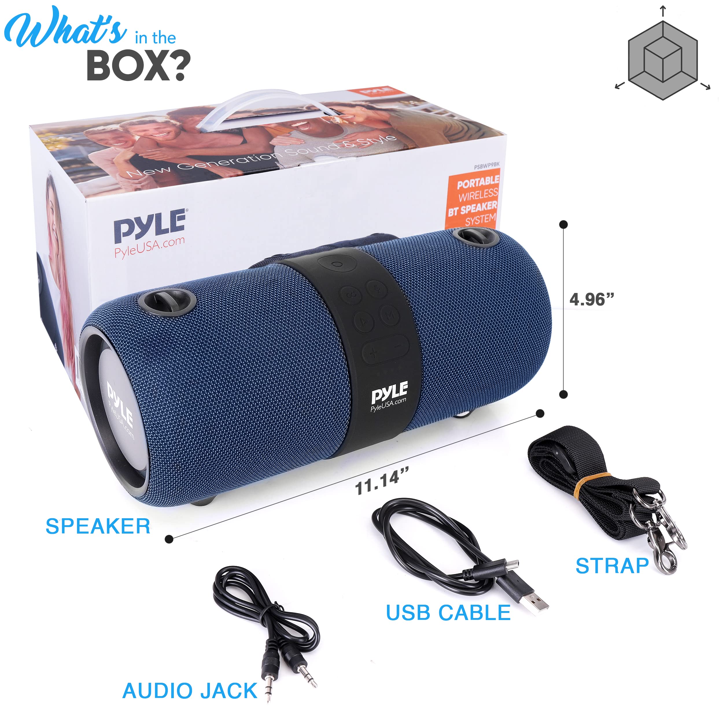 PyleUsa Wireless Portable Bluetooth Boombox Speaker - 2Ch Waterproof Rechargeable Fabric Stereo Speaker w/Google Assistant/Siri Voice Control, TWS Function, USB FM Radio, RGB Lights -PSBWP9BL (Blue)