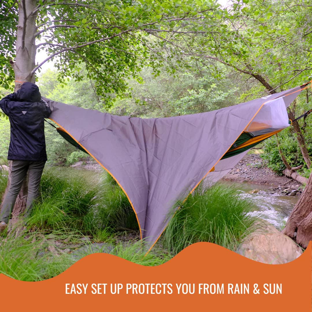 Ryno Tuff 10 X 10 ft Waterproof Hammock Rain Fly, Aluminum Ground Stakes & Guy Lines - Lightweight 3000MM Rated Sunshade Tarp for UV Protection While Outdoor Camping, Backpacking, Traveling & Hiking