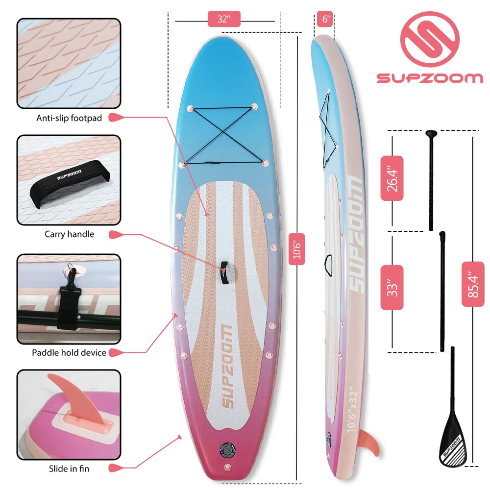 SupZoom Inflatable Stand up Paddle Board 10'6''x32''x6'' All Round SUP Yoga Board for Women with 10 Premium Sup Accessories, Adjustable Paddle etc. (Light Blue)