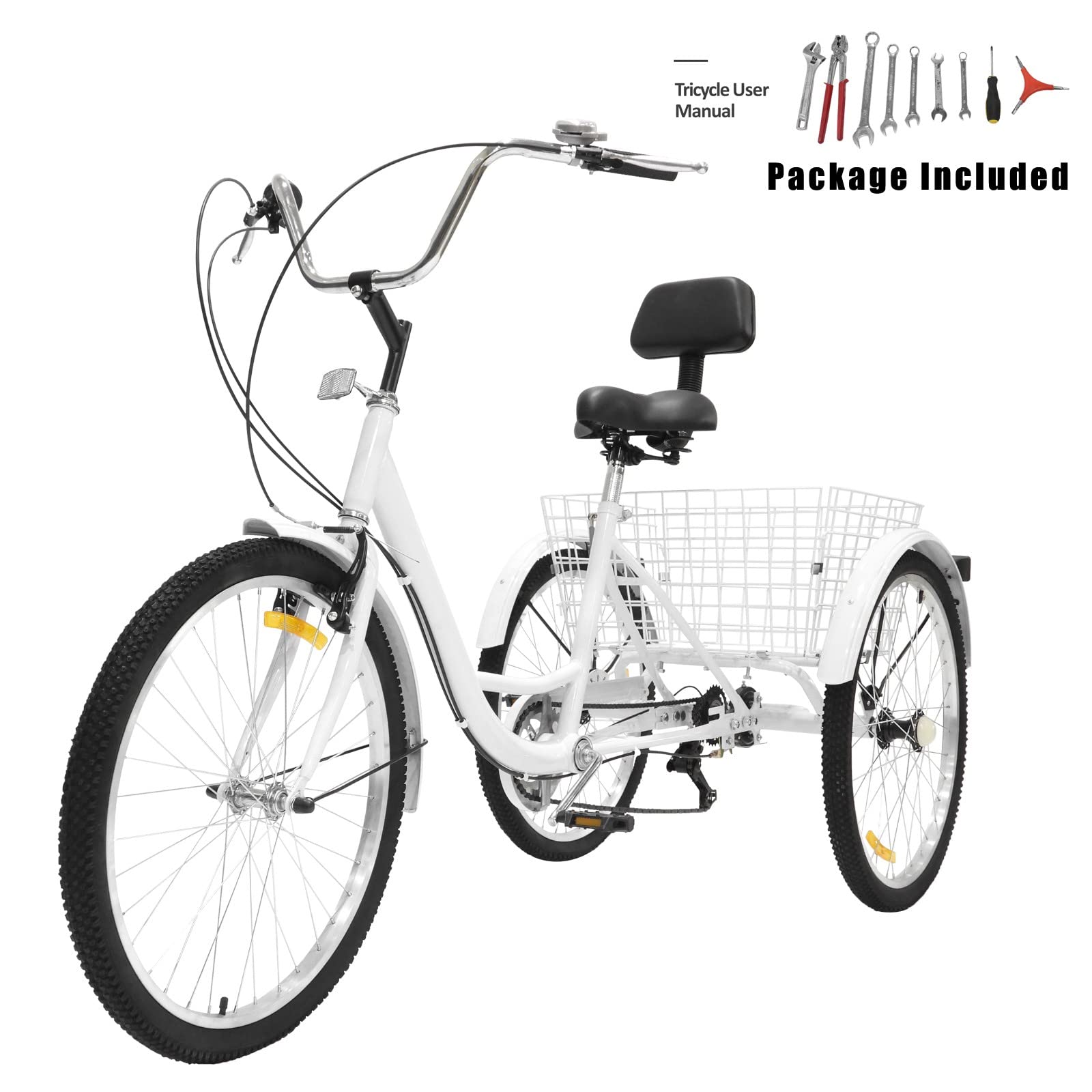 UNIKAT 24Inch Adult Tricycle - 7 Speed Three Wheel Beach Cruise with Low-Step Through Frame Large Cargo Basket Backrest Saddle - Complete Cruiser Bikes for Men Women Seniors (White)