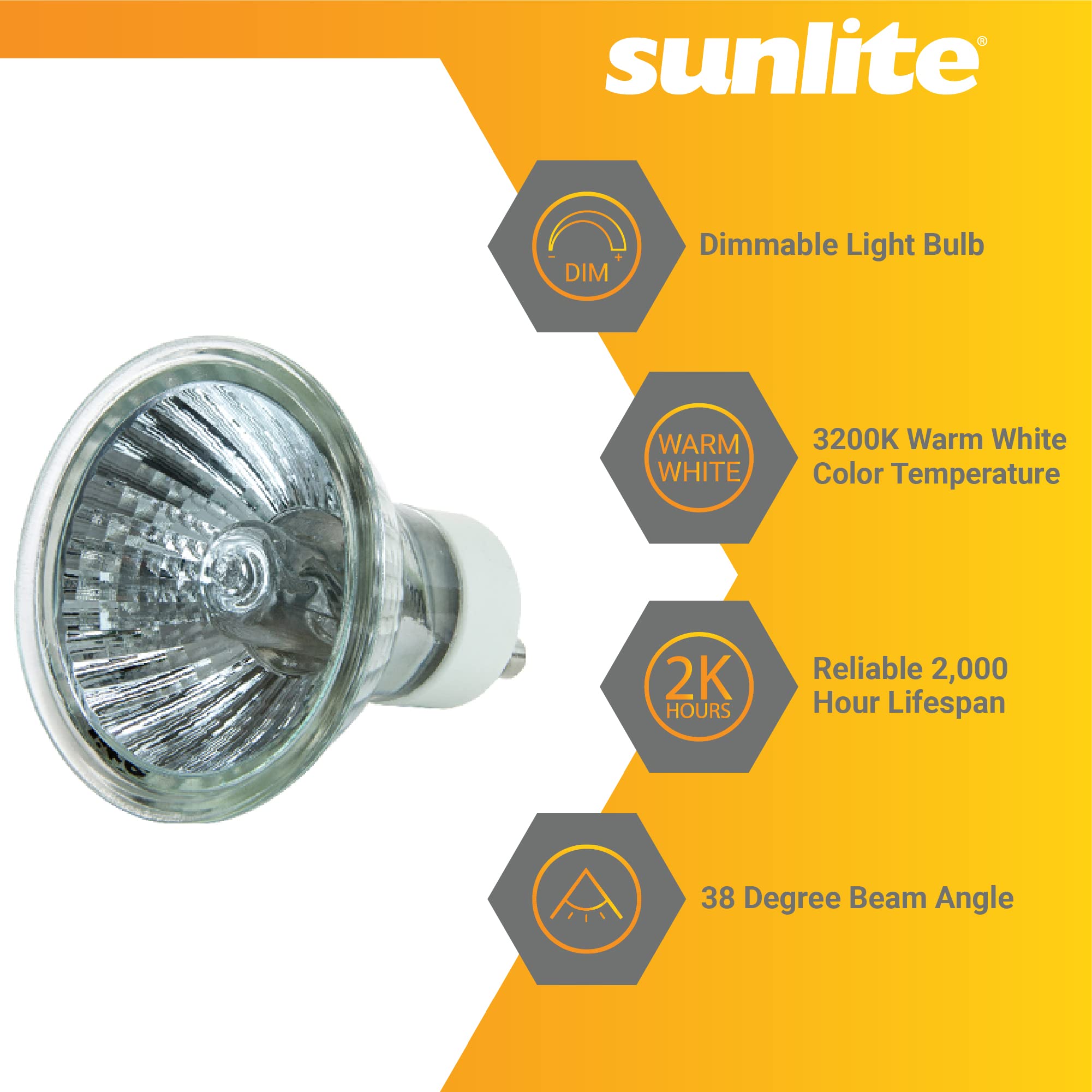 Sunlite 40722 MR16 Halogen Reflector Bulb, 20 Watt, 38° Flood, 120 Volt, 100 Lumens, 2000 Hour Life Span, Dimmable, GU10 Base, Open Cover, 3200, ANSI BAB, Ceiling Fixtures, Lanterns 6-Pack