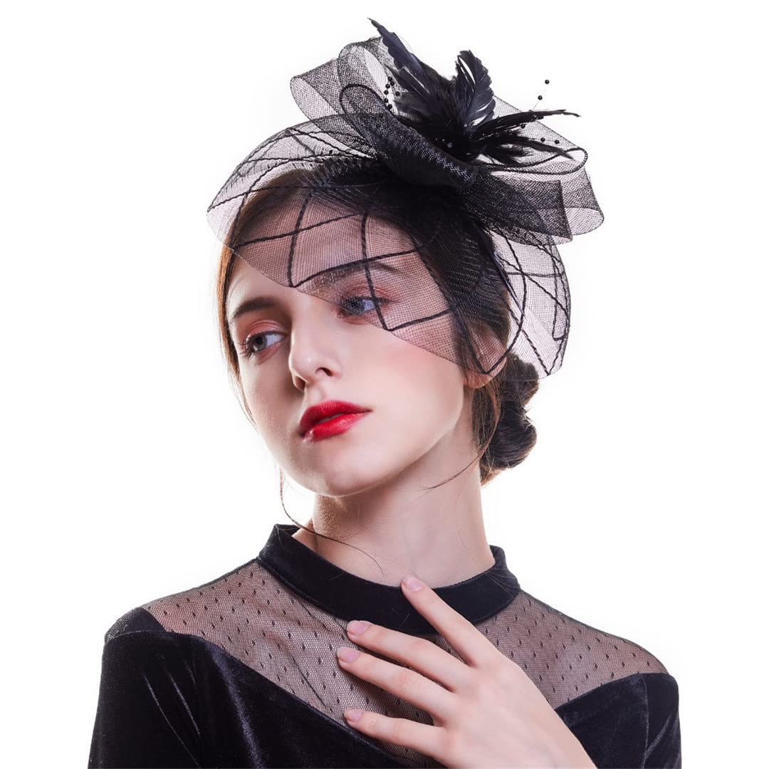 Women Fancy Feather Hats Black Birdcage Veil Wedding Hats and White Net Hair Accessories Black