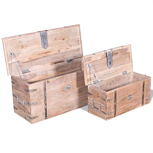 SKM 2 Piece Storage Chest Set Acacia Wood Coffee Table, Couch Table, Living Room Table, Side Table, End Table with Storage Chest