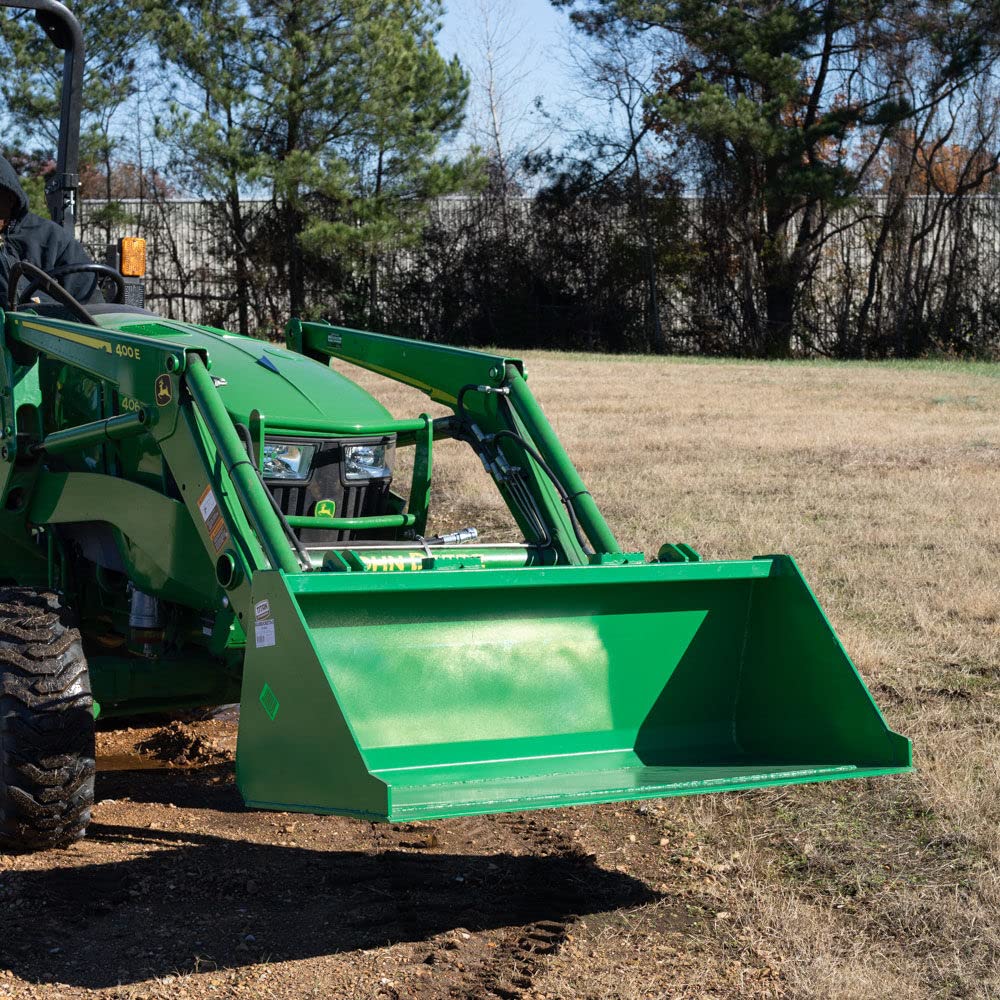 Titan Attachments 4FT Dirt Bucket Attachment Fits John Deere Hook and Pin Tractors, Low Profile Bucket for Dirt, Debris, Material Loading with Reinforced Gussets