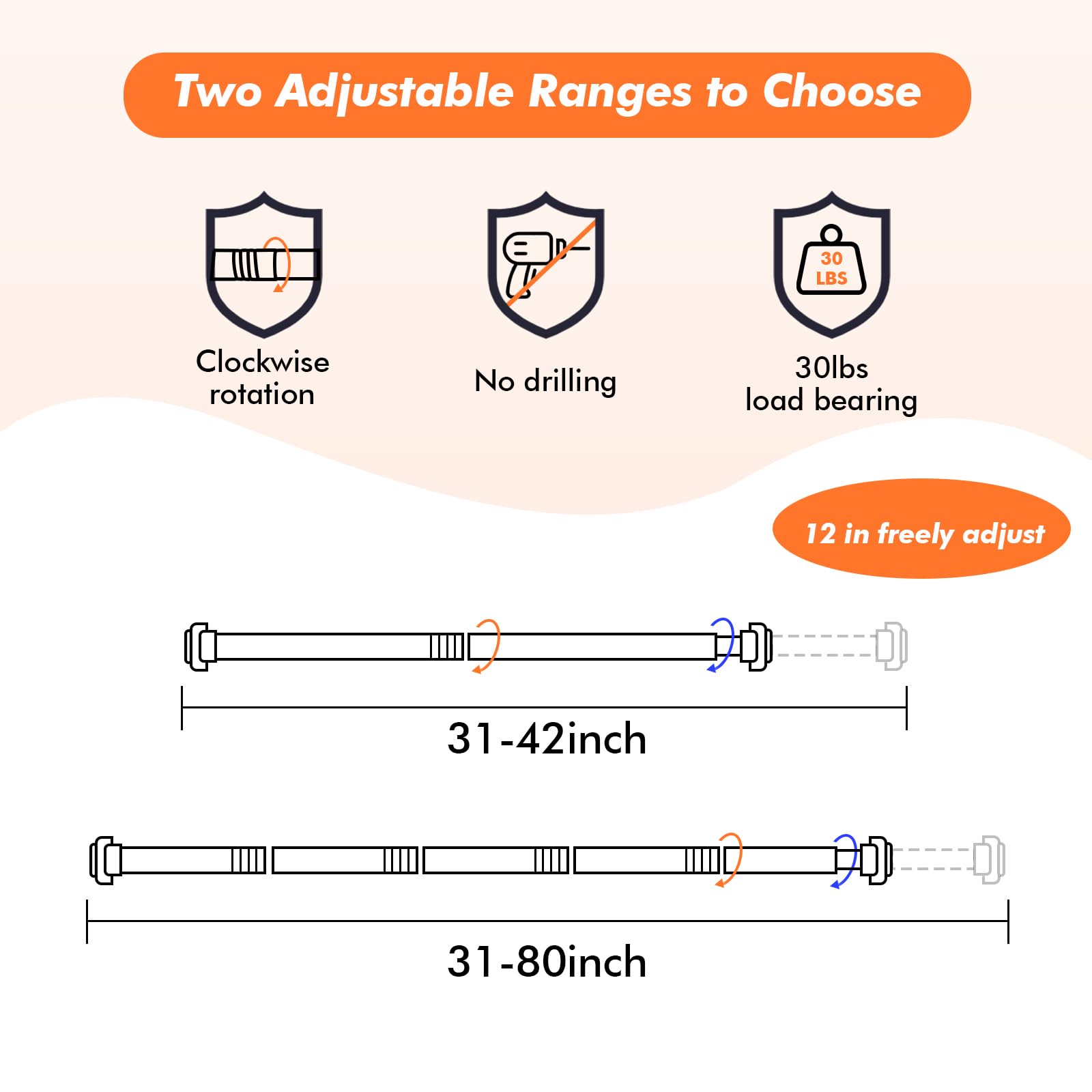Shower Curtain Rod 31-80 in Adjustable Curtain Rod No Drilling Black Tension Shower Rod Stainless Steel for Bathroom Room Divider