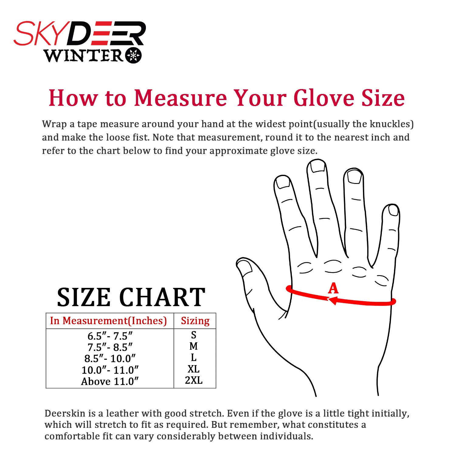 SKYDEER Waterproof Cold Weather Deerskin Leather Winter Ski Gloves (SD8648T/XL)