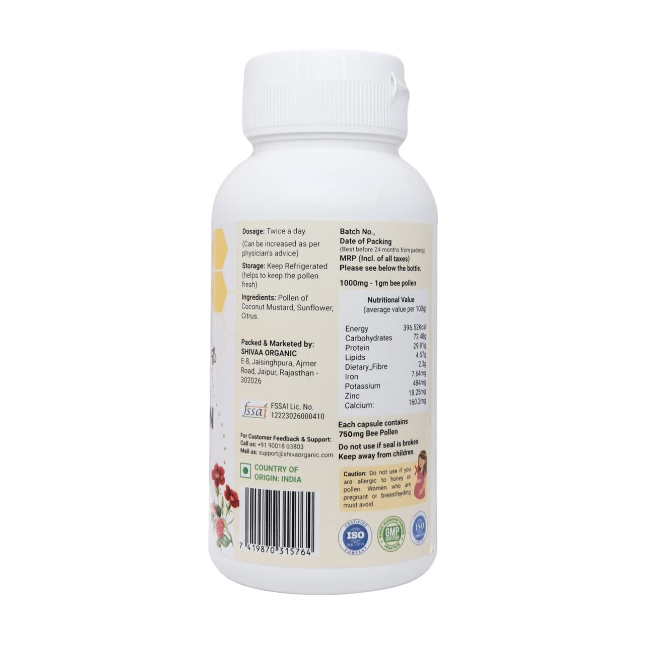 Shiva Organic Multi Flora Bee Pollen (750mg)- 100% Pure Natural, Plant-Based Protein, Immunity & Energy Booster, High in Vitamins - 100 Capsules